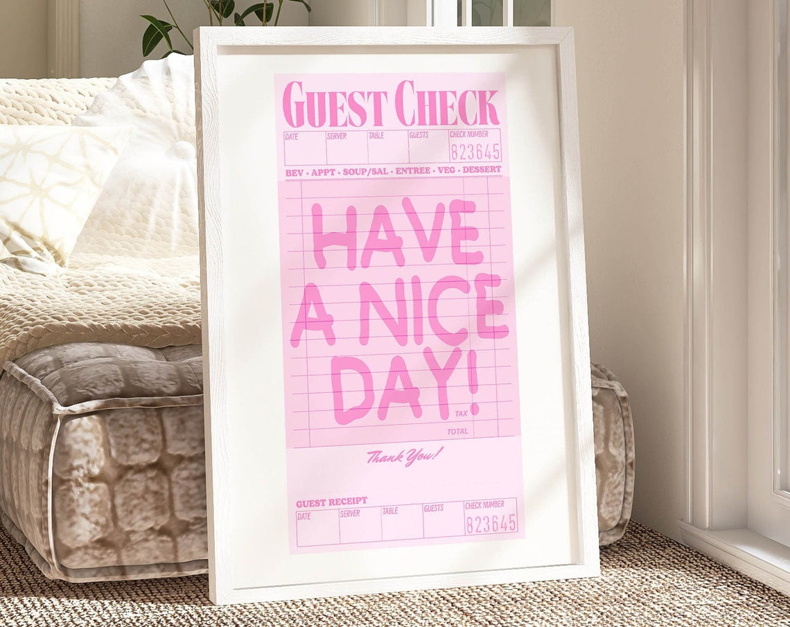 Guest Check Wall Art Retro Pink Poster, Light Pink Wall Art Above Bed ...