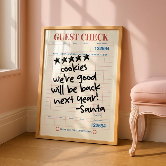 Guest Check Wall Decor Santa Art Quotes Kitchen Claus Cookies Poster ...