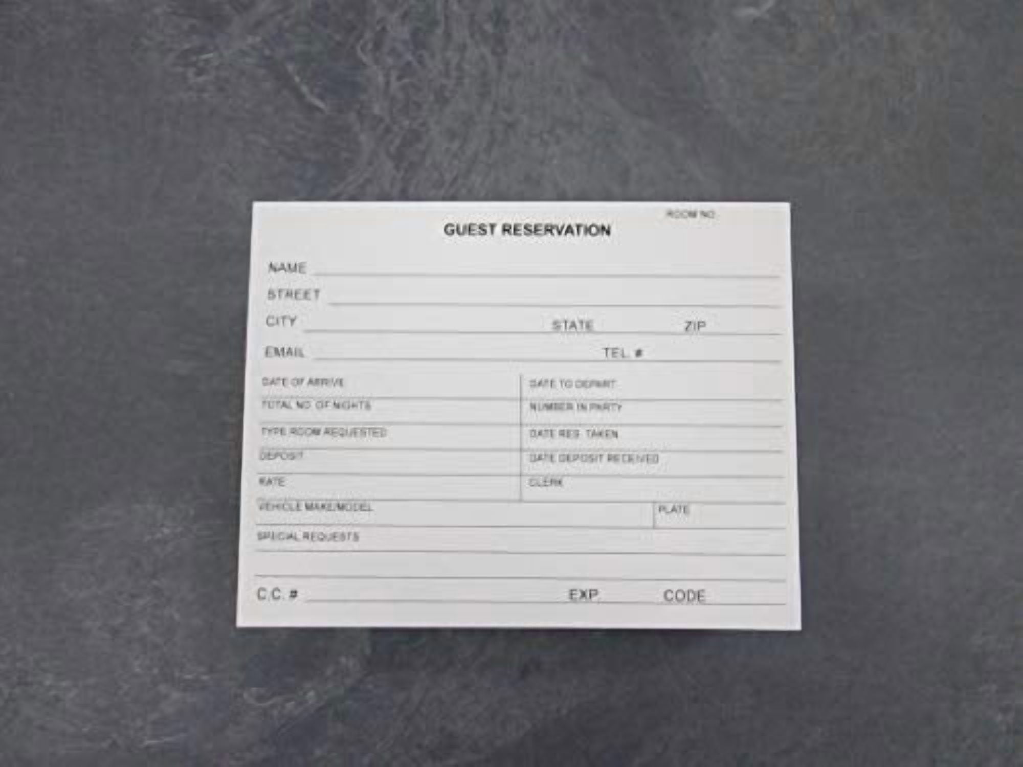 Guest Reservation / Registration Card for Hotels, Motels, Hospitality ...