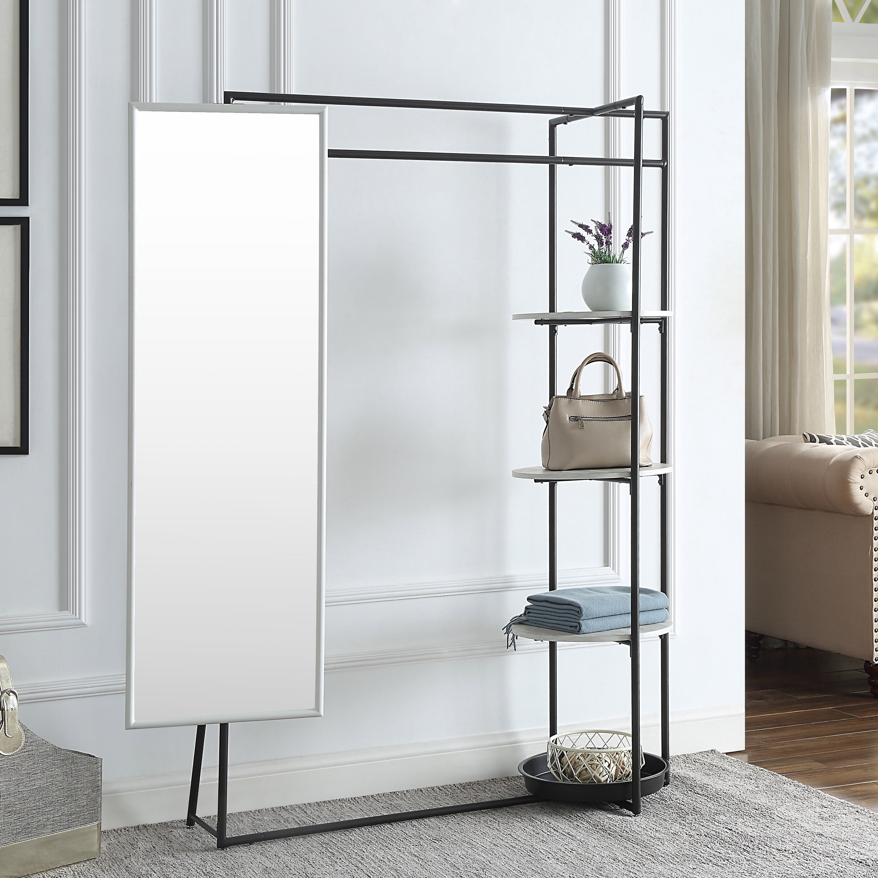 Guetsy 3-Shelf and 1-Tray Metal Coat Stand with Mirror, White - Walmart ...