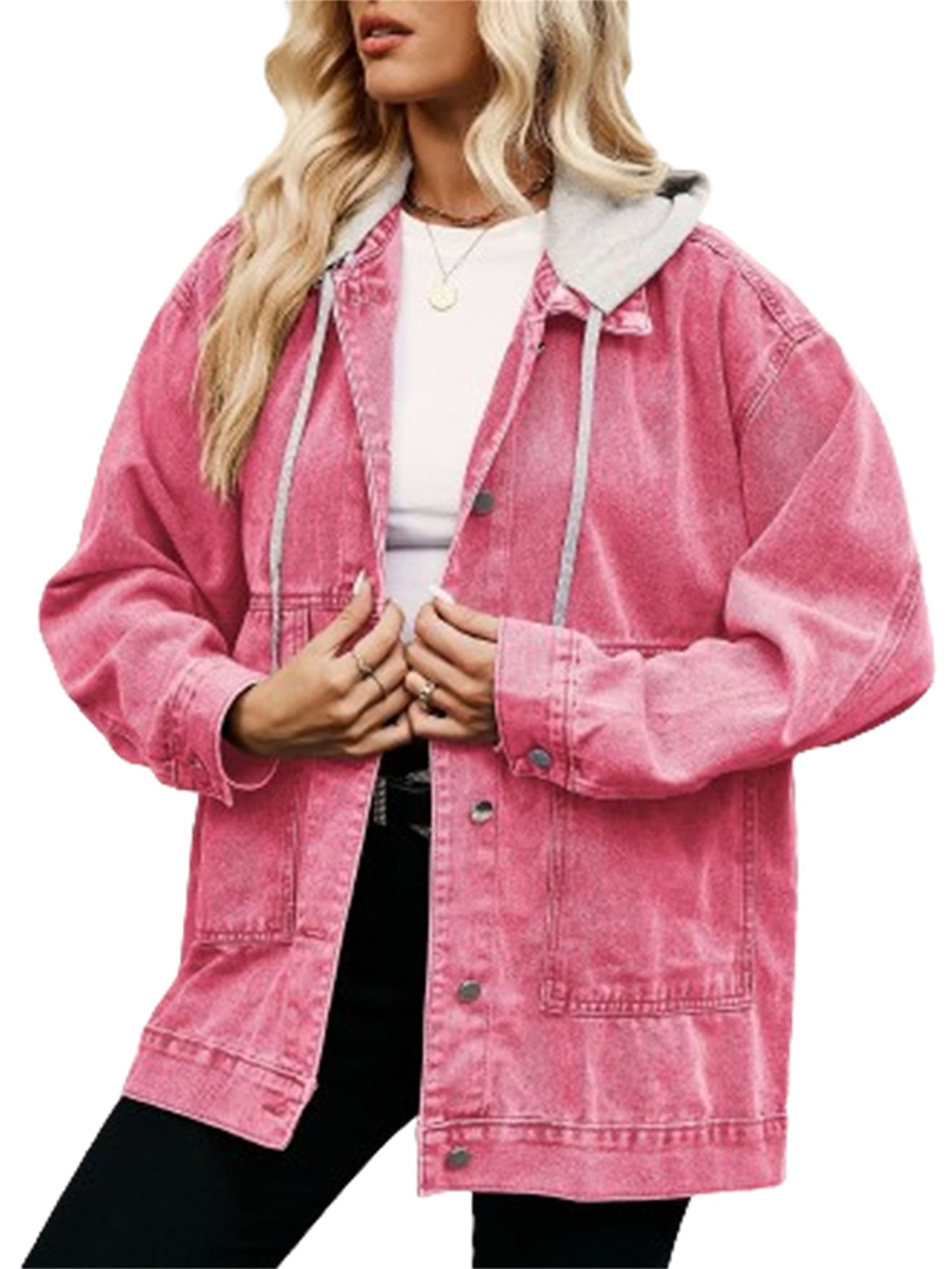 Gueuusu Women's Oversized Denim Jacket Vintage Long Sleeve Button Down ...