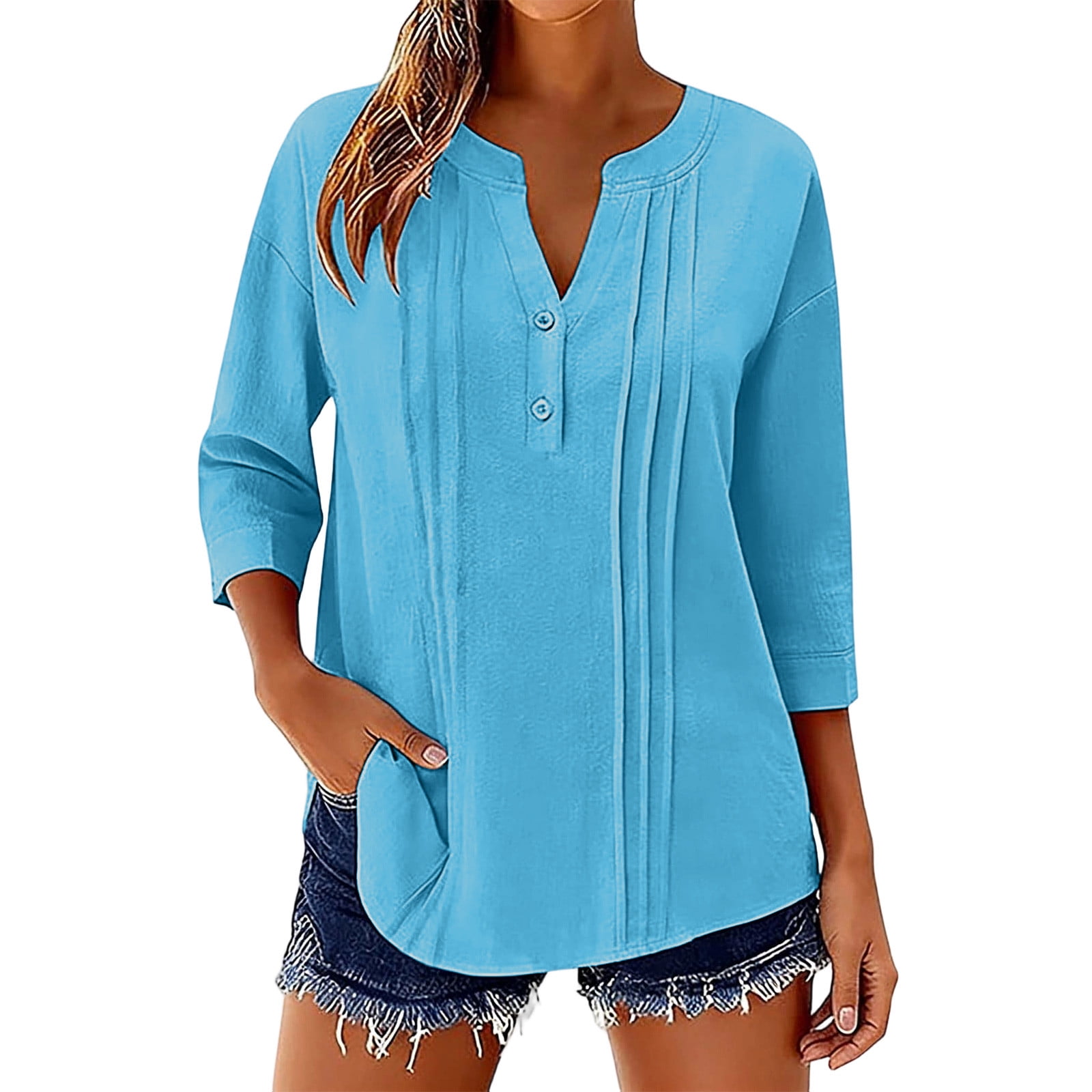 Gufahion 3/4 Sleeve Summer Tops for Women Button V Neck Linen Shirts ...