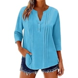 Gufahion 3/4 Sleeve Summer Tops for Women Button V Neck Linen Shirts ...