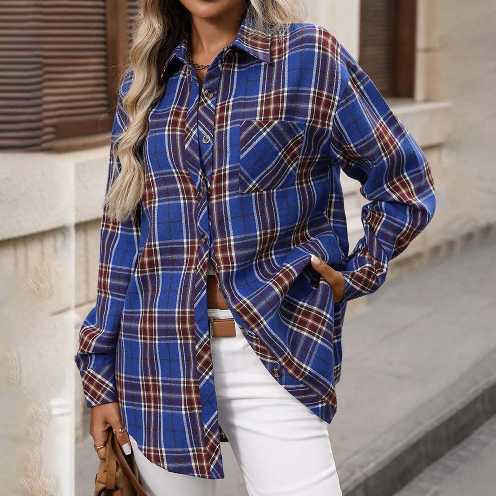 Gufahion Fall Fashion Outfits Plaid Shackets Button Down Long Sleeve ...