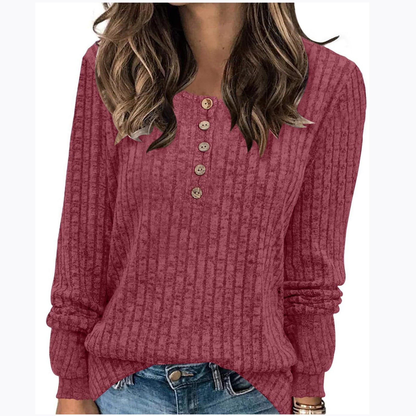 Gufahion Long Sleeve Shirts for Women Button Crewneck Knit Sweaters ...