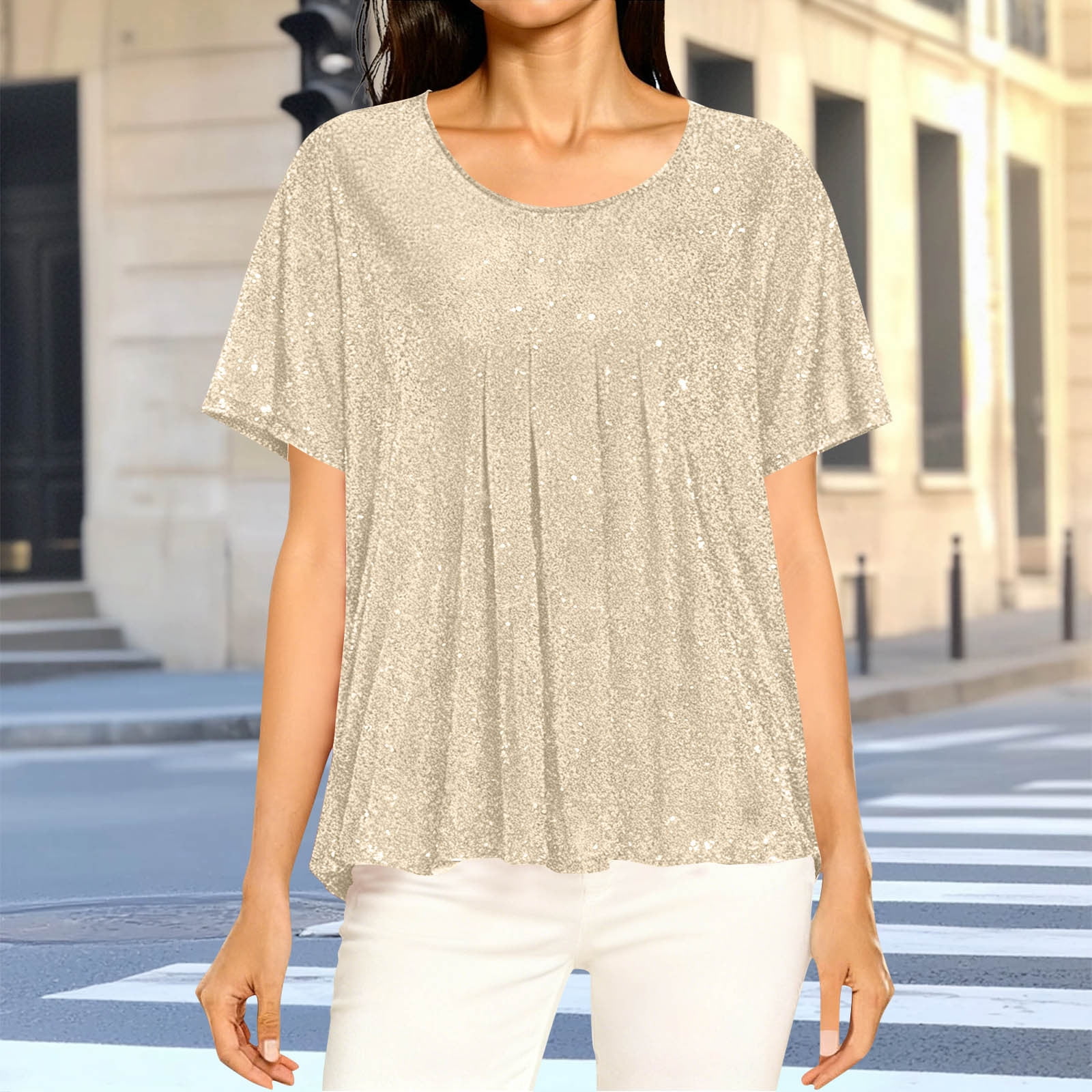 Gufahion Short Sleeve Shirts for Women Pleated Front Crewneck T-Shirts ...