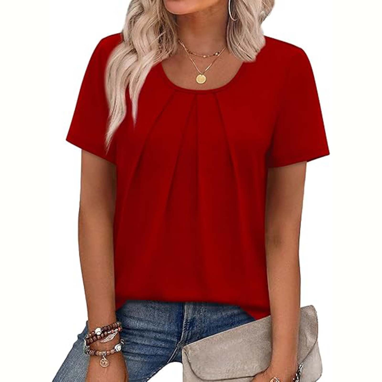 Gufahion Summer Tops for Women Short Sleeve Crew Neck Pleated T Shirts ...