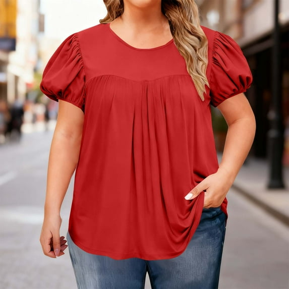 Gufahion Women's Puff Short Sleeve Tops Plus Size Pleated Crewneck T ...