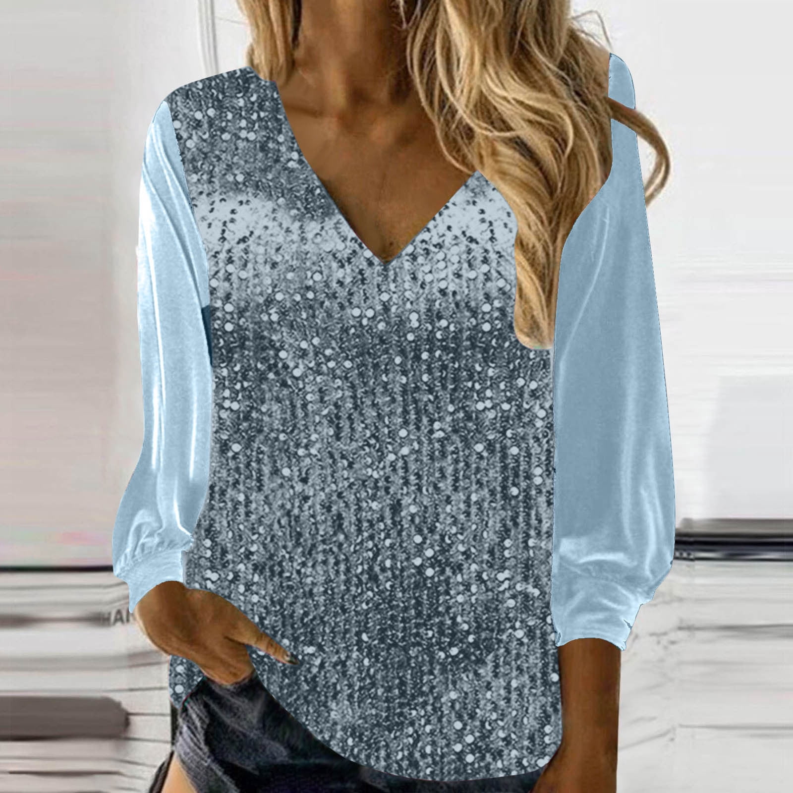 Gufahion Women's Sequin Tops Long Sleeve Shirts V Neck Pullover Tunics ...