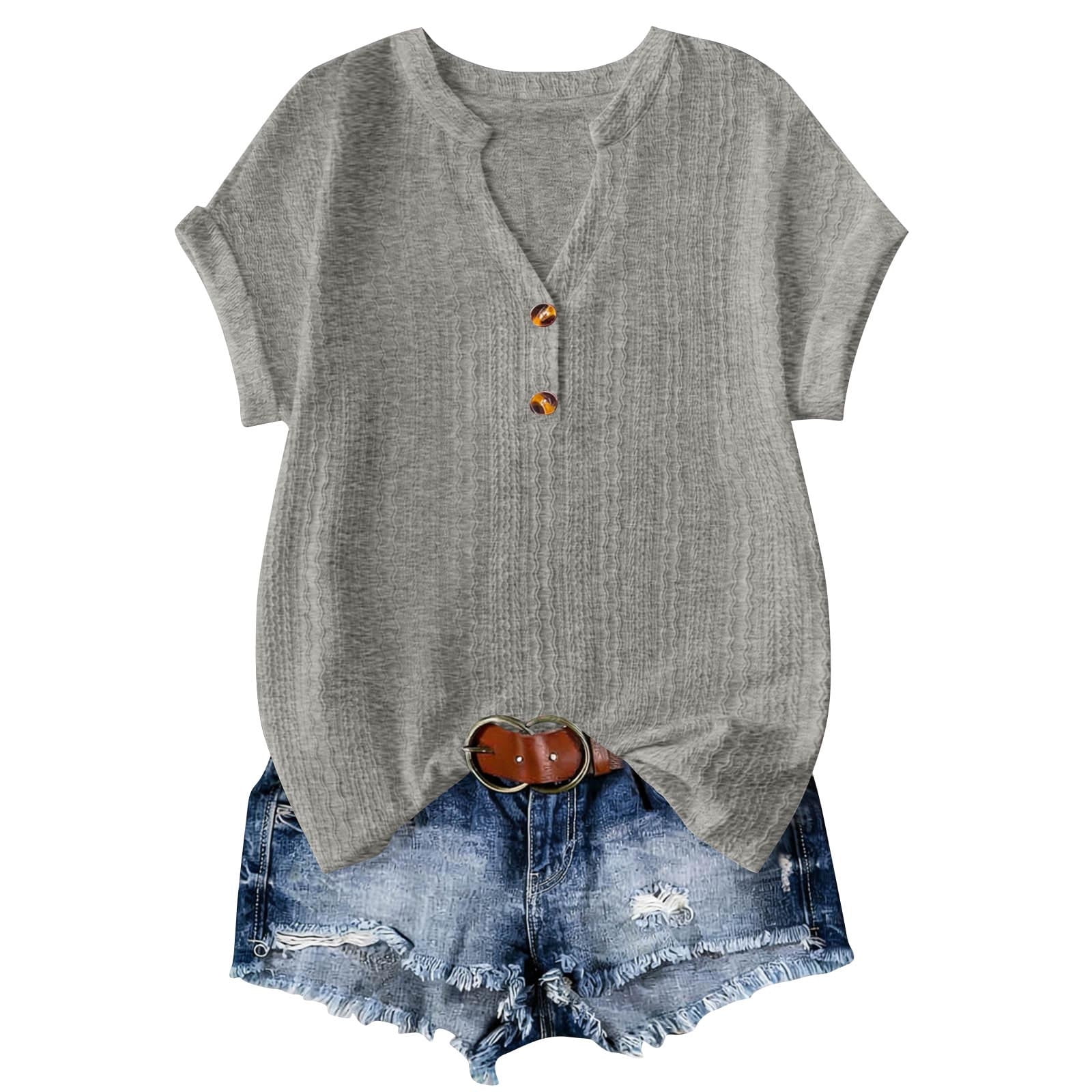 Gufahion Women's Short Sleeve Tops Button V Neck T Shirts Summer Causal ...