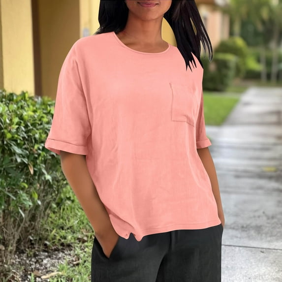 Gufahion Womens Linen T-Shirt Short Sleeve Summer Tops Side Slit Crew ...