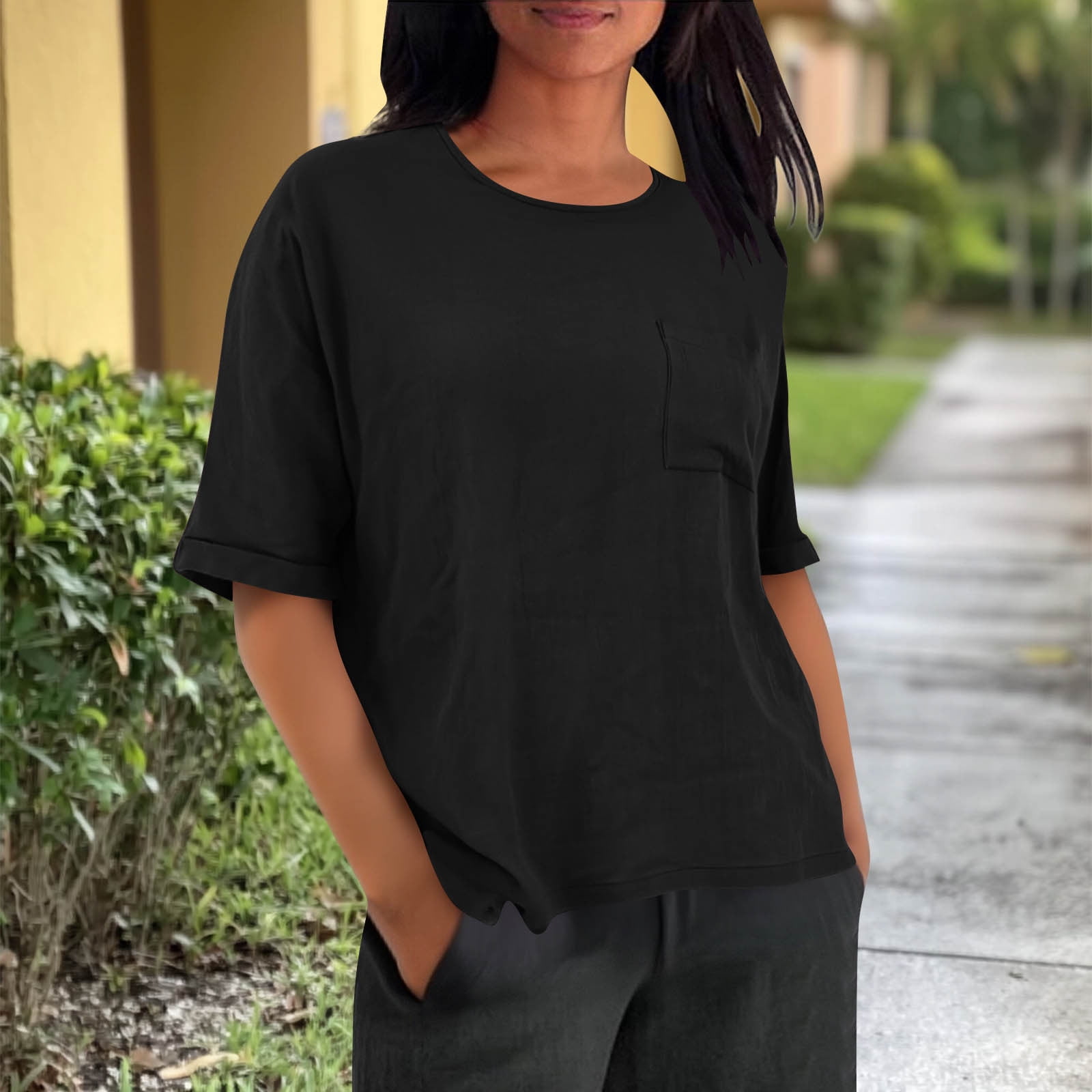 Gufahion Womens Linen T-Shirt Short Sleeve Summer Tops Side Slit Crew ...