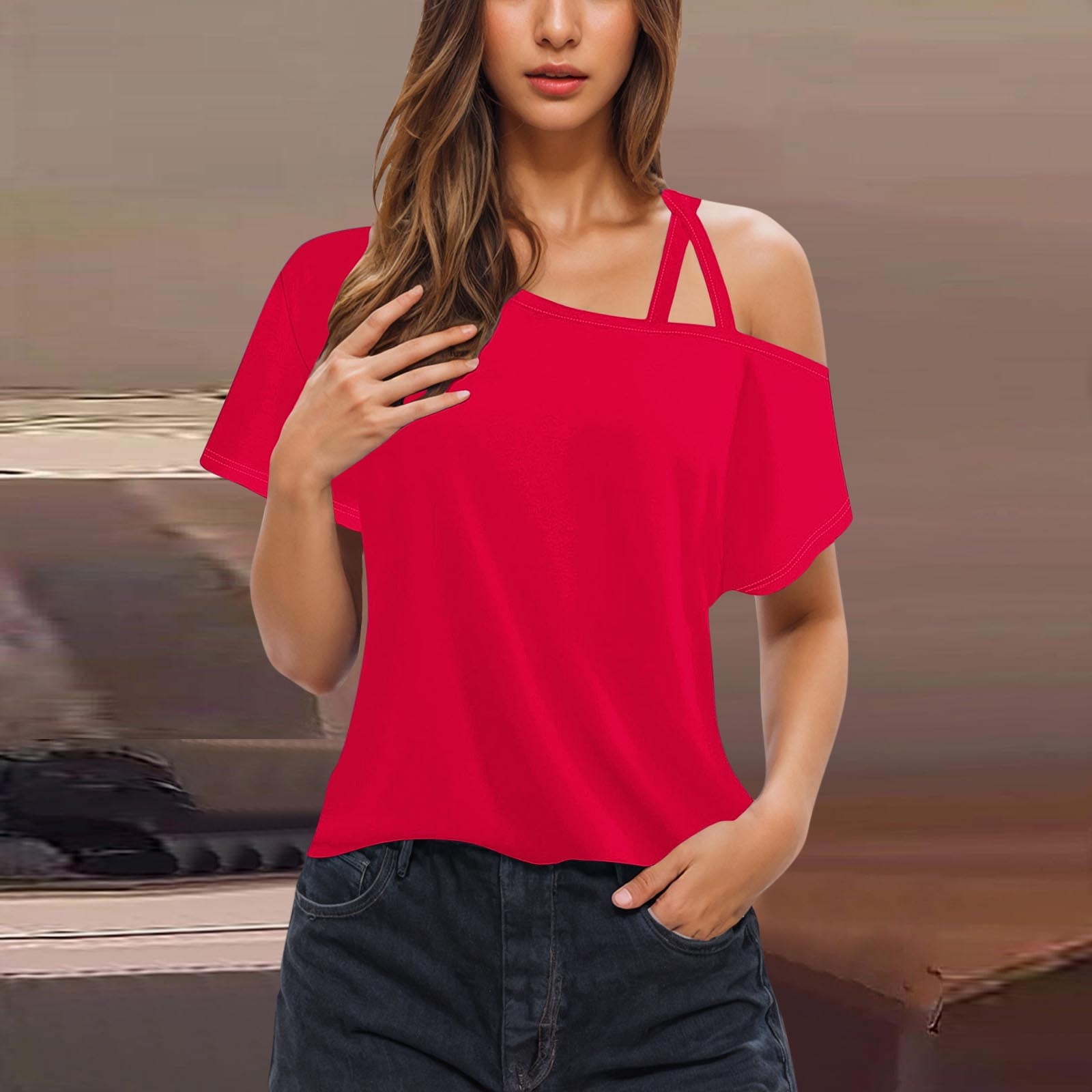 Gufahion Womens Off One Shoulder Tops Short Sleeve Cold Shoulder Shirts ...