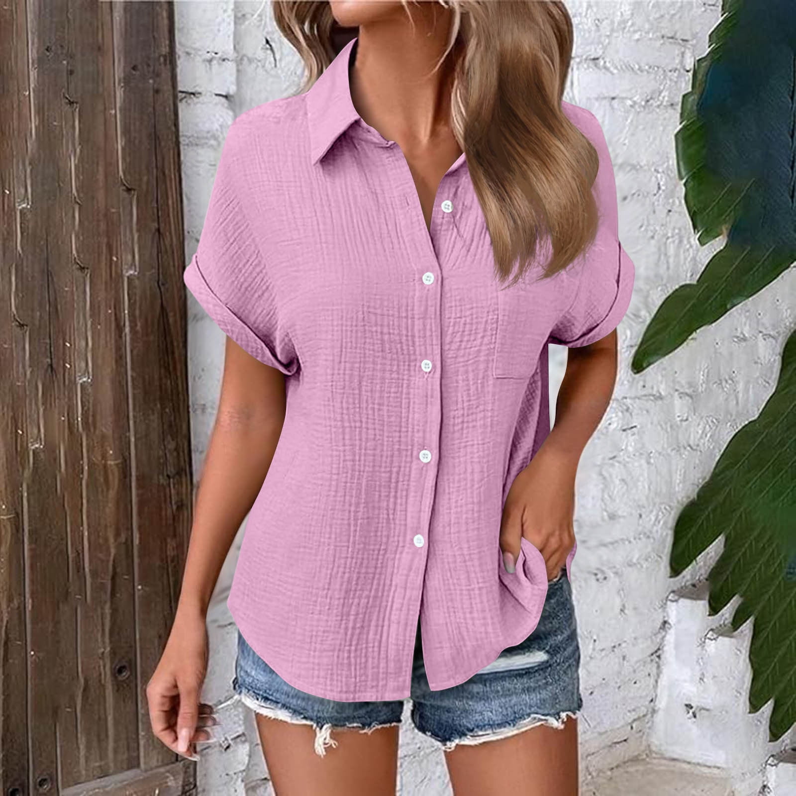 Gufahion Womens Short Sleeve Shirts Collared Button Down Work Tops ...