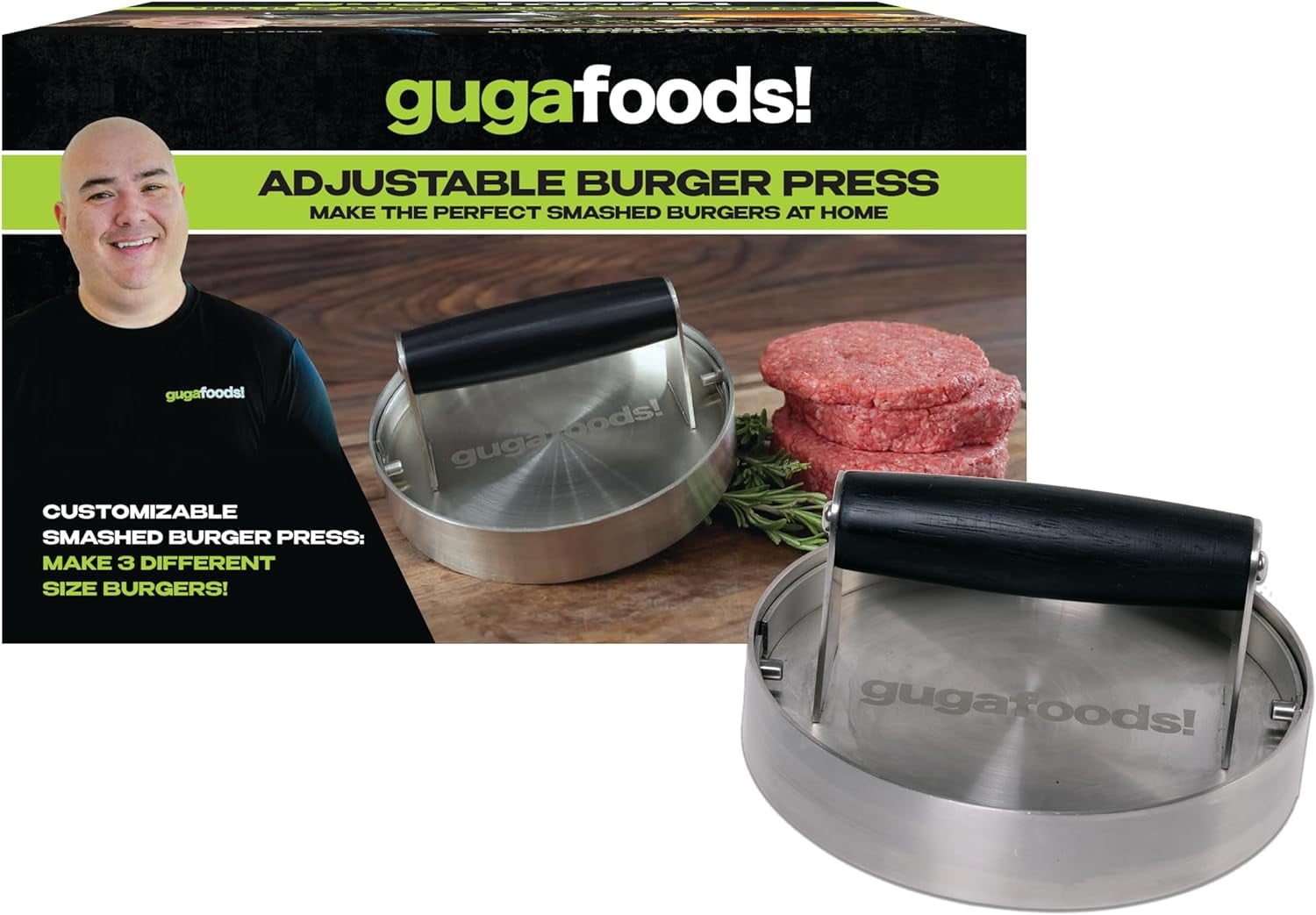 Guga Foods Adjustable Smashed Burger Press Kit, Hamburger Patty Maker ...