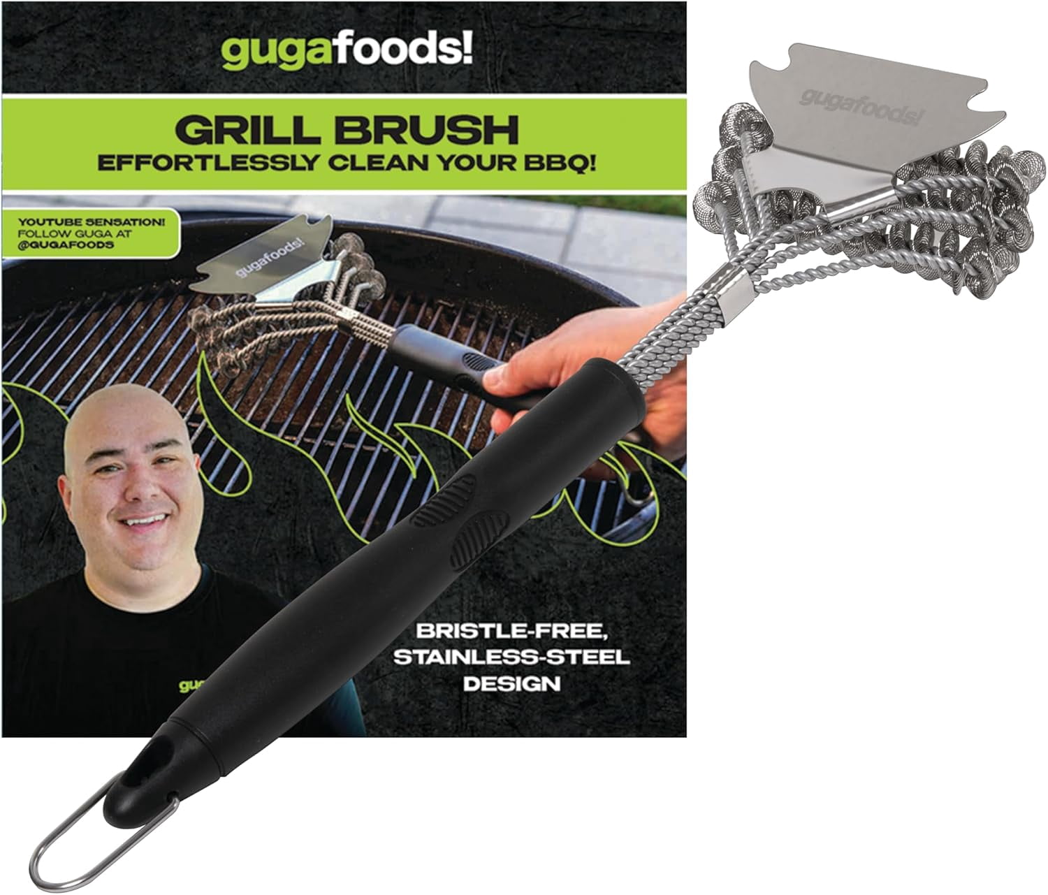 Guga Foods Grill Brush & Scraper- Bristle Free, Stainless-Steel, Safe ...