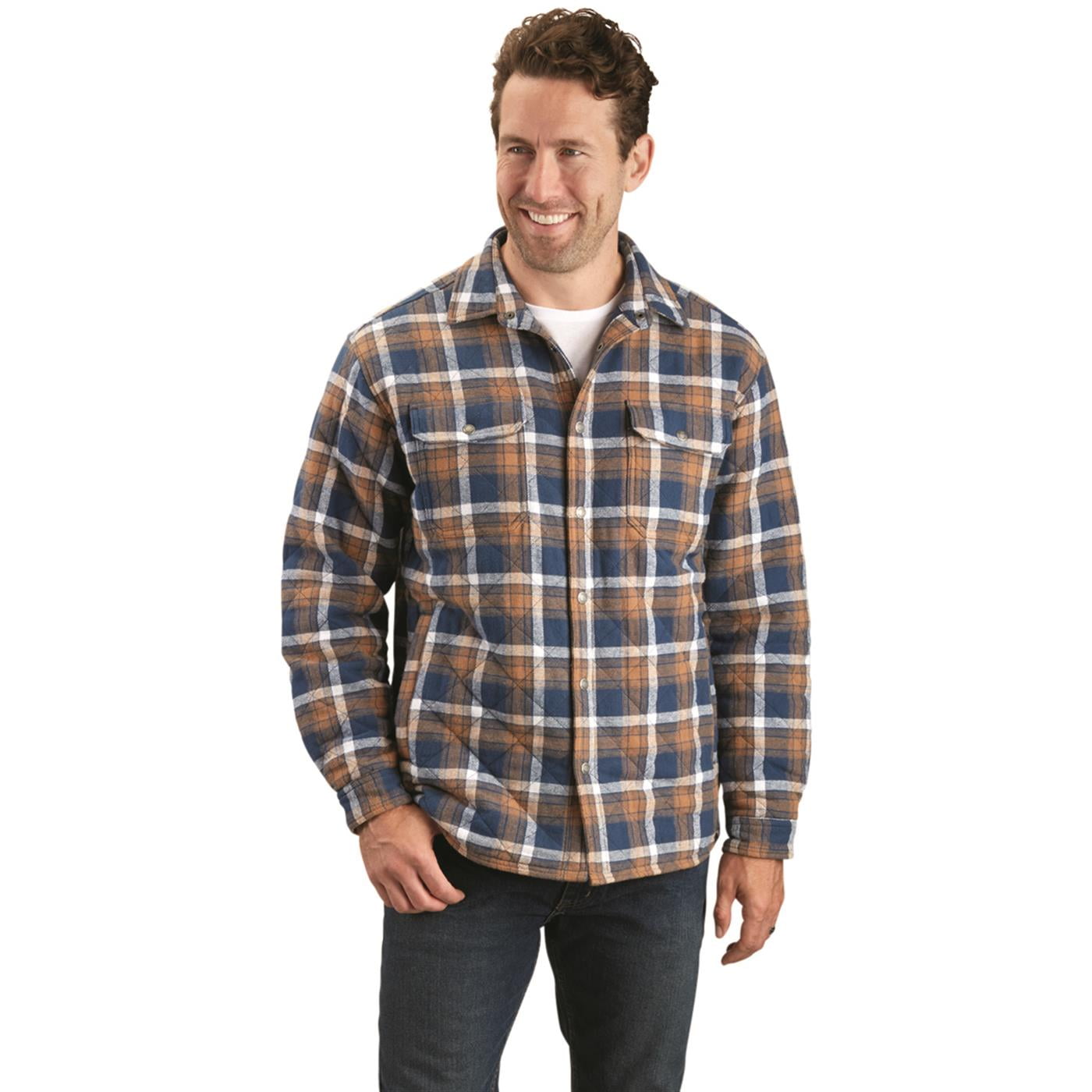 Guide Gear Men's Quilted Flannel Camp Shirt Jacket Indigo/Gold Plaid ...