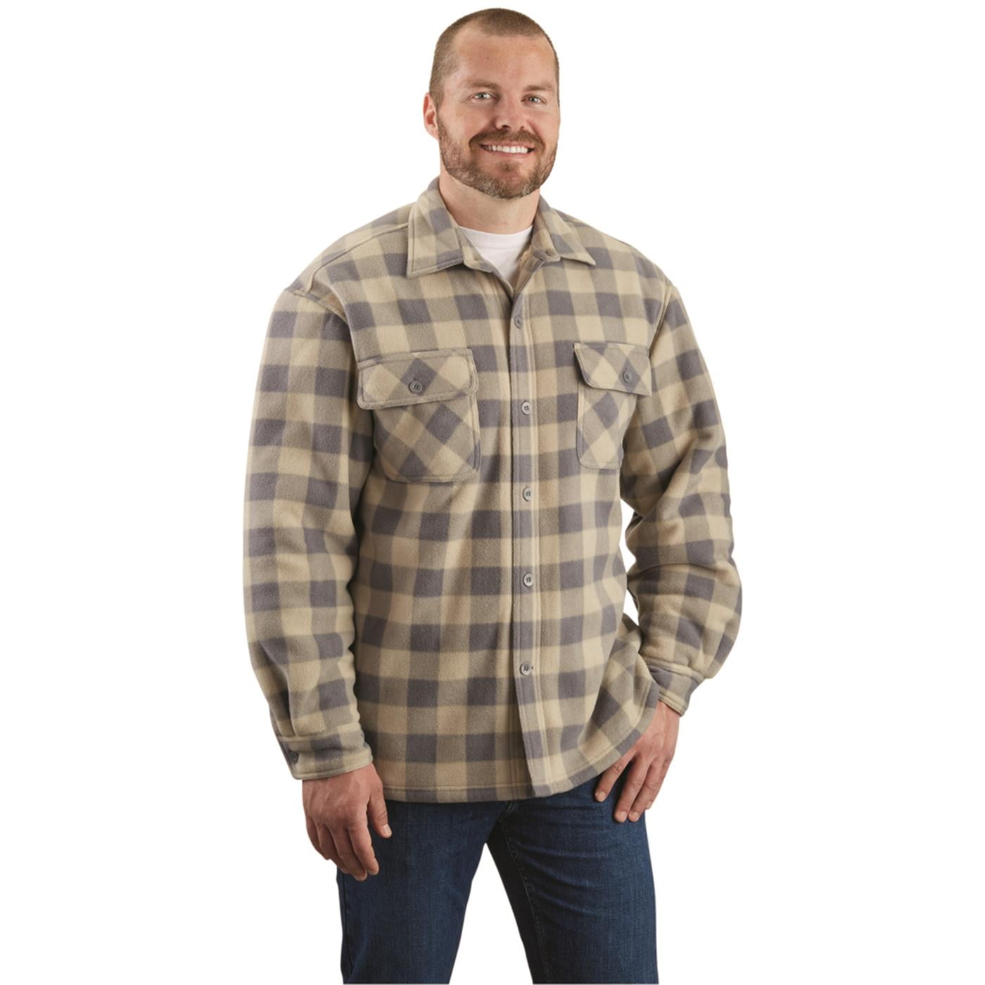 Guide Gear Men's Sherpa-lined CPO Shirt Jacket Tan/Gray Buffalo Plaid ...