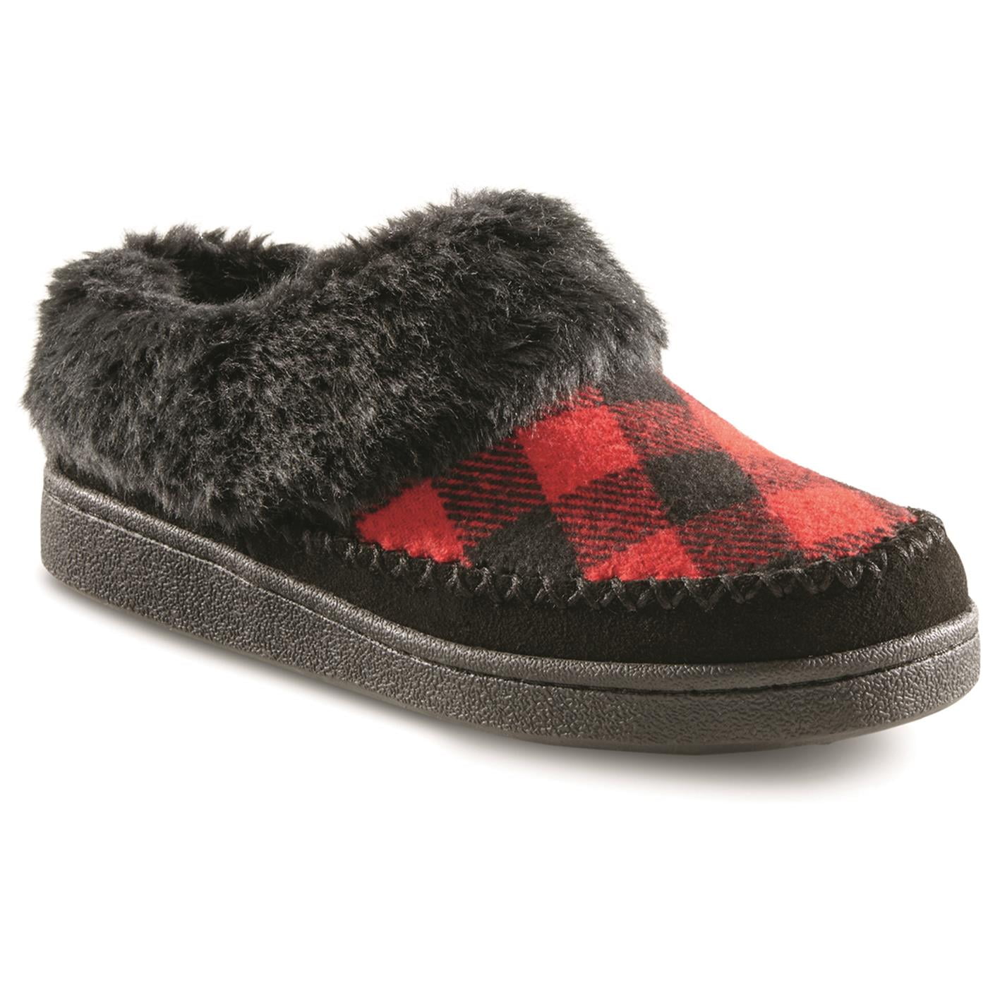 Guide Gear Women's Faux Fur Collar Clog Slippers Black/Red Buffalo ...