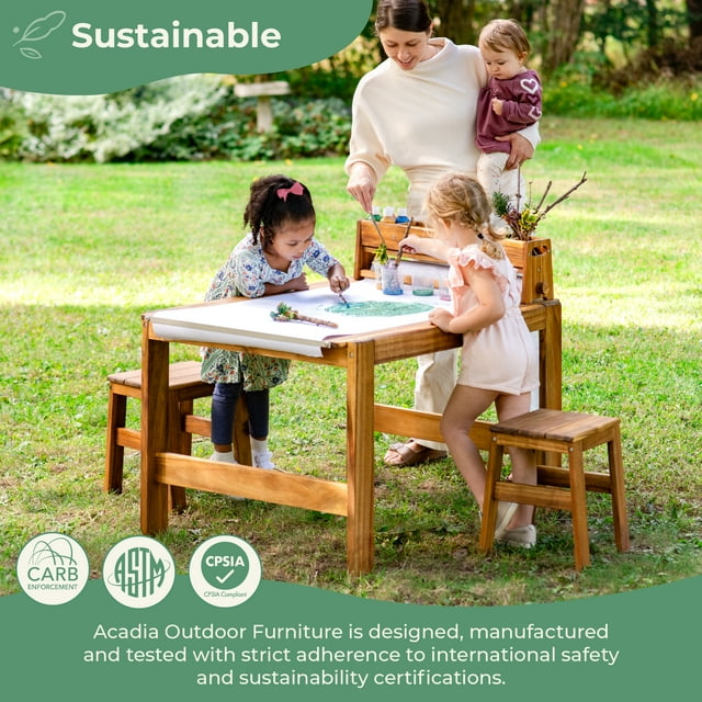 Guidecraft Acadia Outdoor Art Table and Stool Set: Acacia Wood Arts & Crafts Table w/ Storage ...
