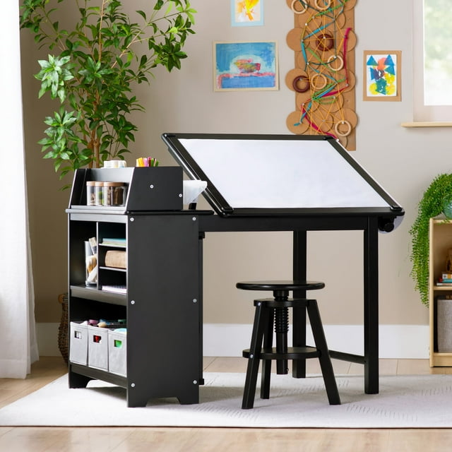 Guidecraft Design Studio – Black: 3-in-1 Kids Art Table & Stool Set ...