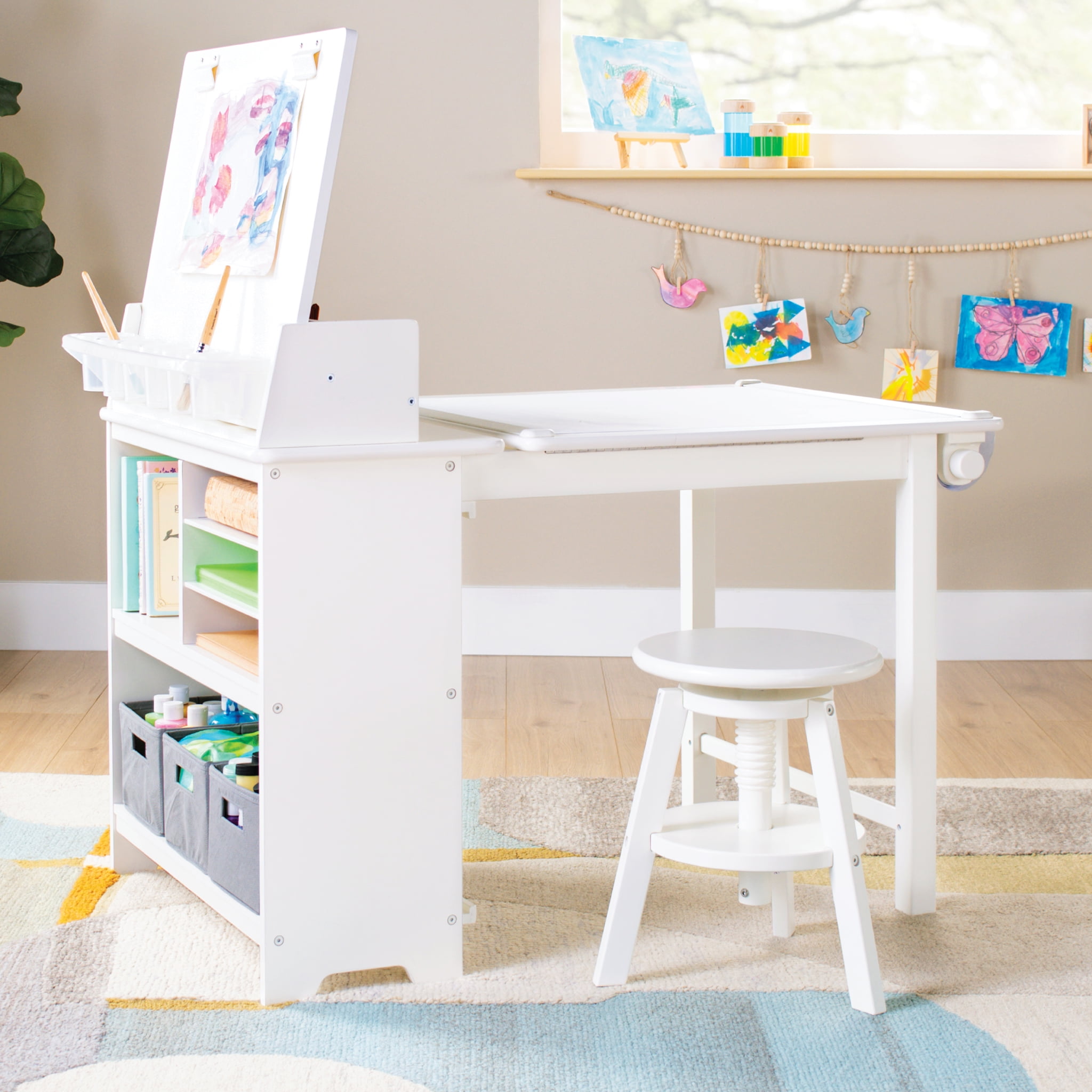 Guidecraft Design Studio – White: 3-in-1 Kids Art Table & Stool Set ...