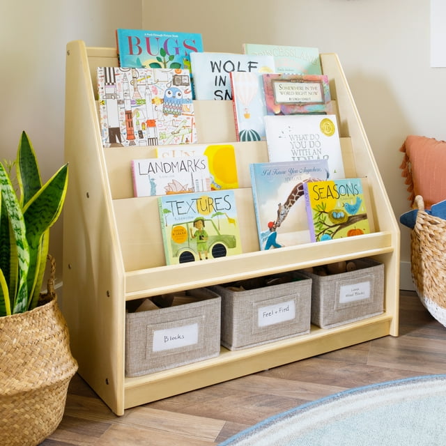 Guidecraft Children's Book and Bin Display Shelf - Tiered Wooden Book ...