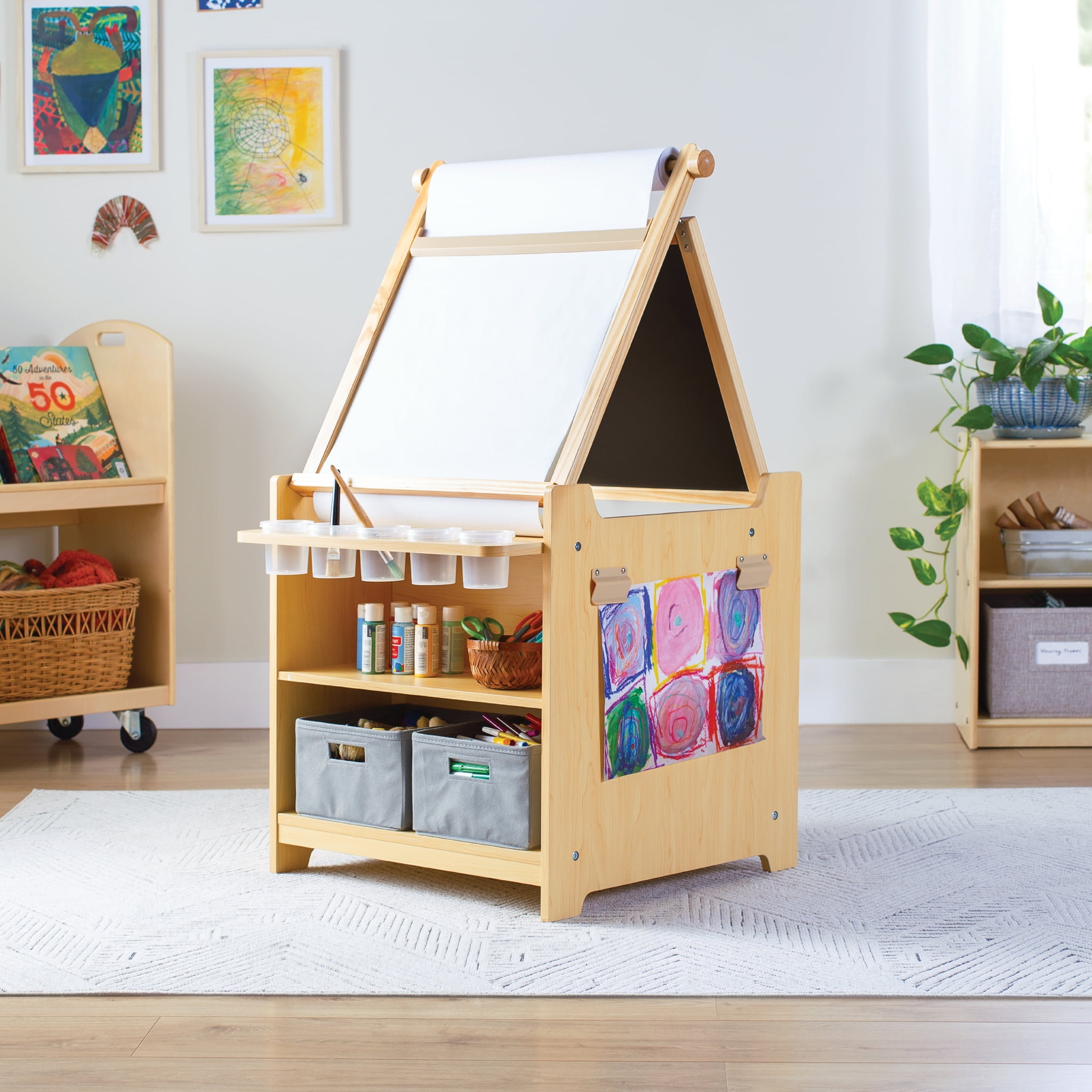 Guidecraft Kids Desk to Easel Art Cart - Natural: 3-in-1 Wood Art Table ...