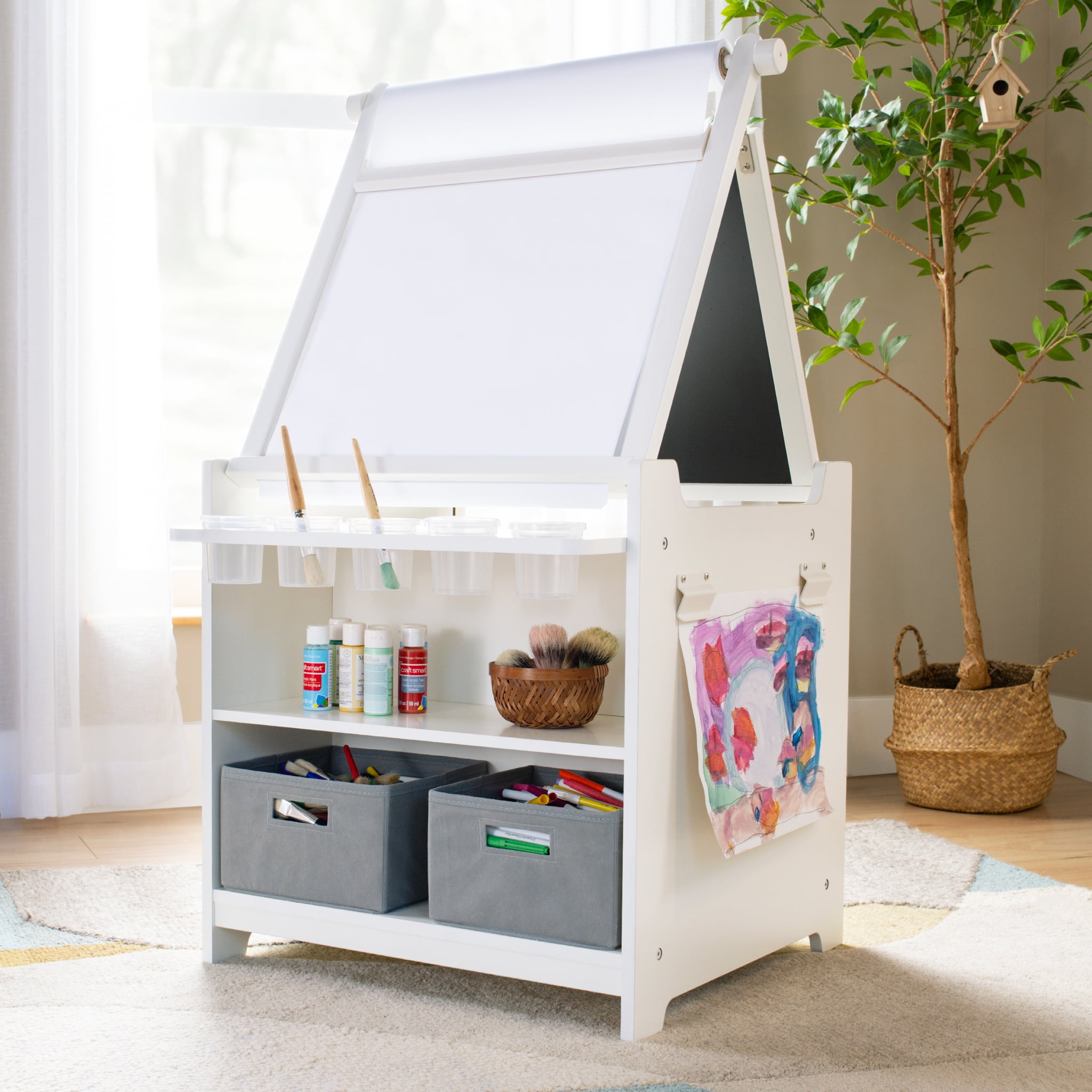 Guidecraft Kids Desk to Easel Art Cart - White: 3-in-1 Wooden Art Table ...
