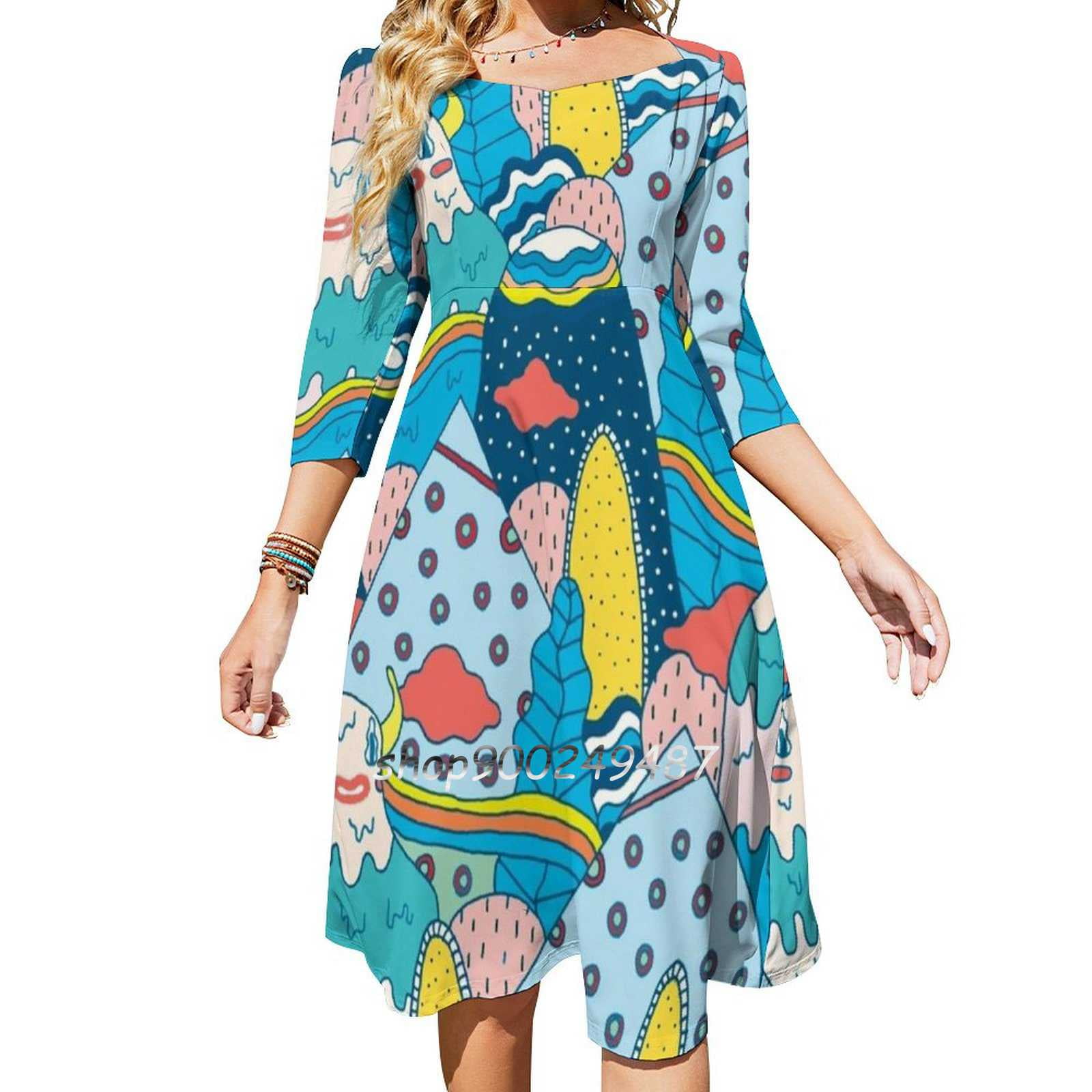 Guiding Star Square Neck Dress Cute Loose Print Dresses Elegant Beach Party Dress Landscape ...