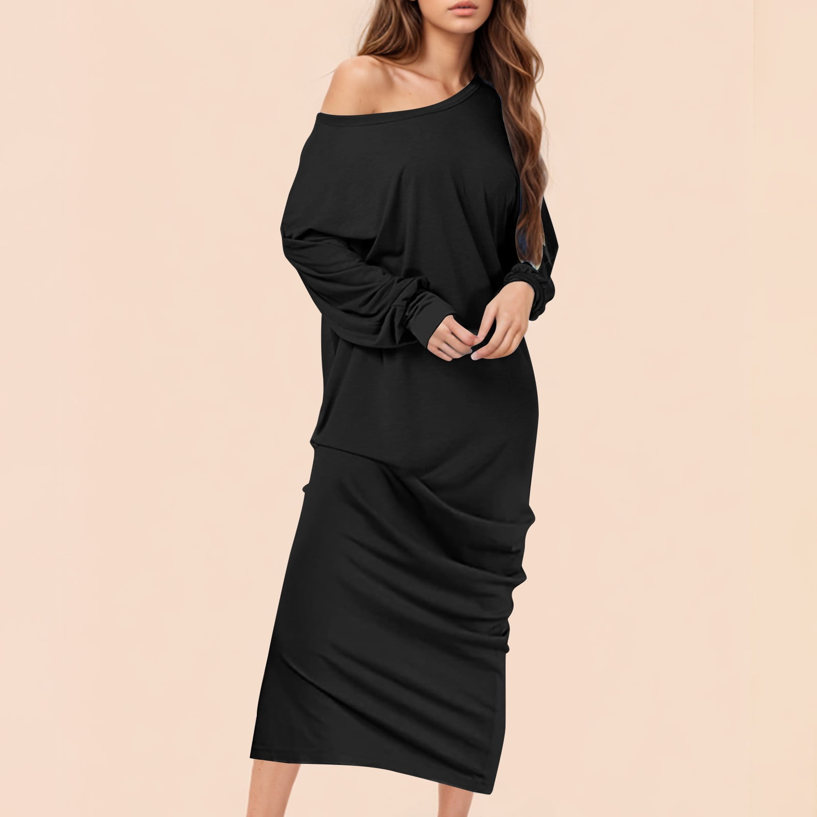 Guieoi Dress for Women Clearance under $10.00 Plus Size Ladies' Casual Loose Solid Color Round ...