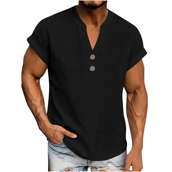 Guieoi Shirts for Men Solid Color Cotton Button-Up Half V-Neck Short ...