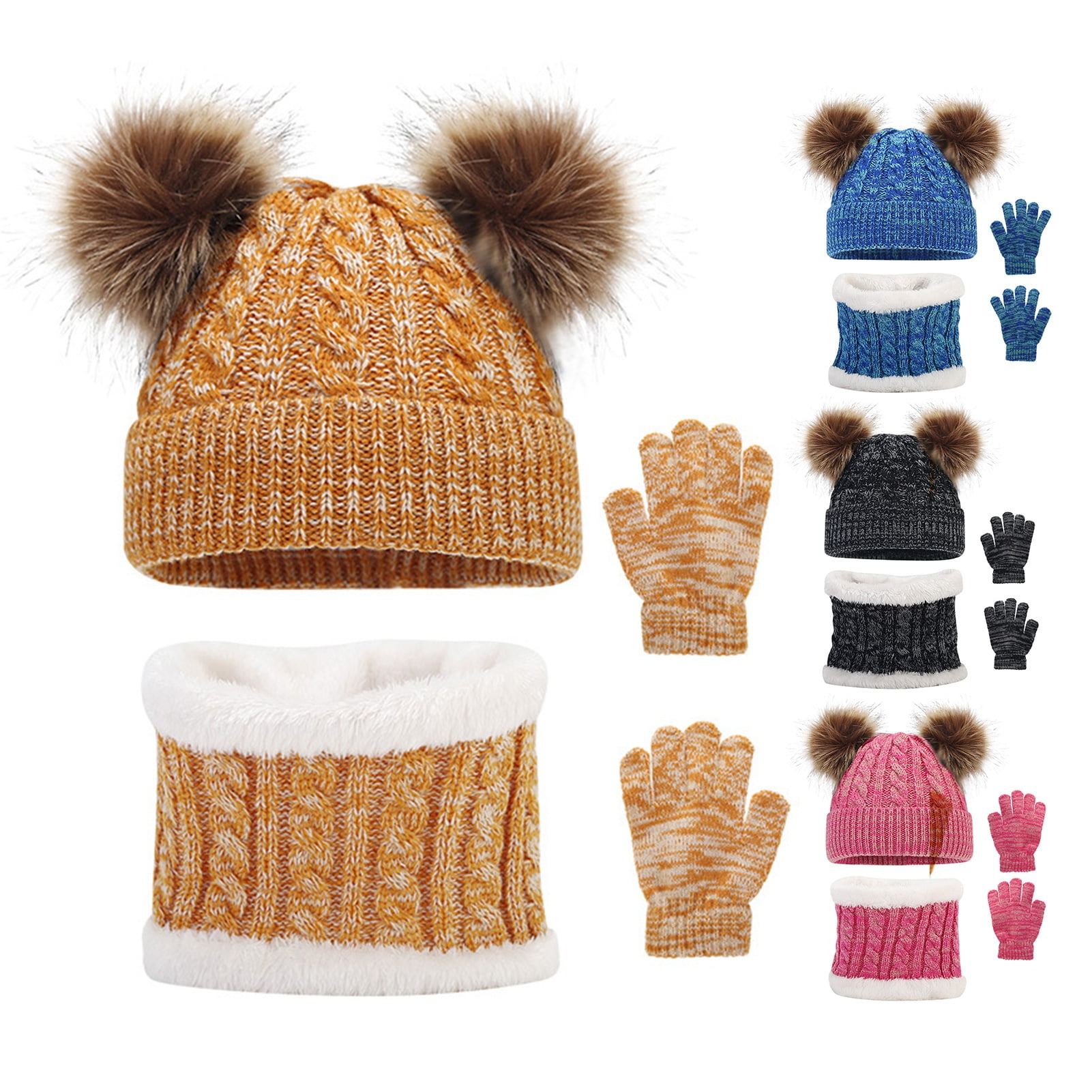Guiexla 1 Set Children Hat Gloves Scarf Set Knitted Thick Contrast ...