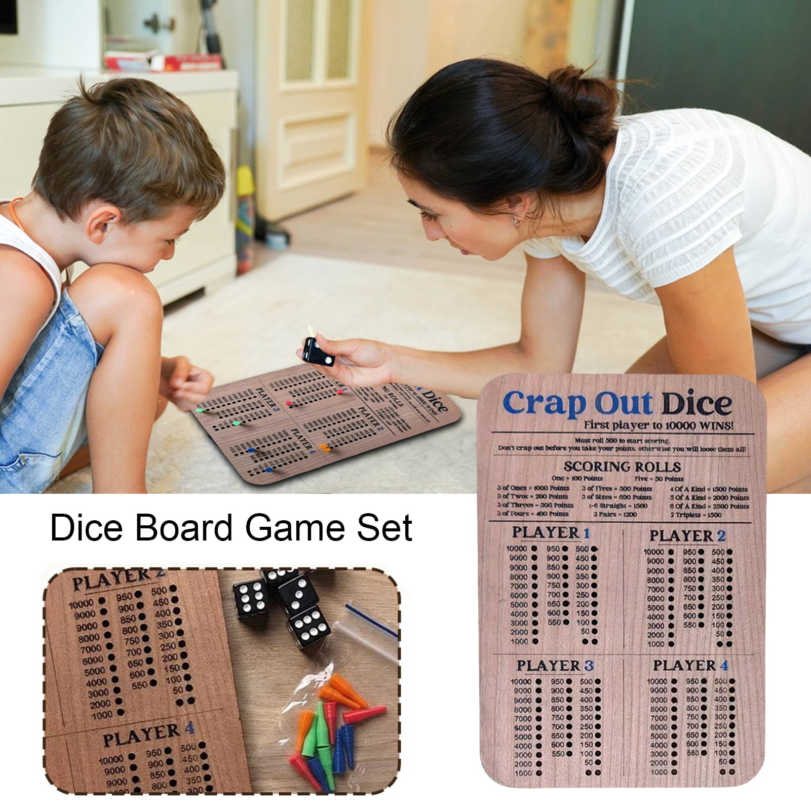 Guiexla 1 Set Crap-Out Dice Scoreboard with Dice Peg 4 Players Wooden ...