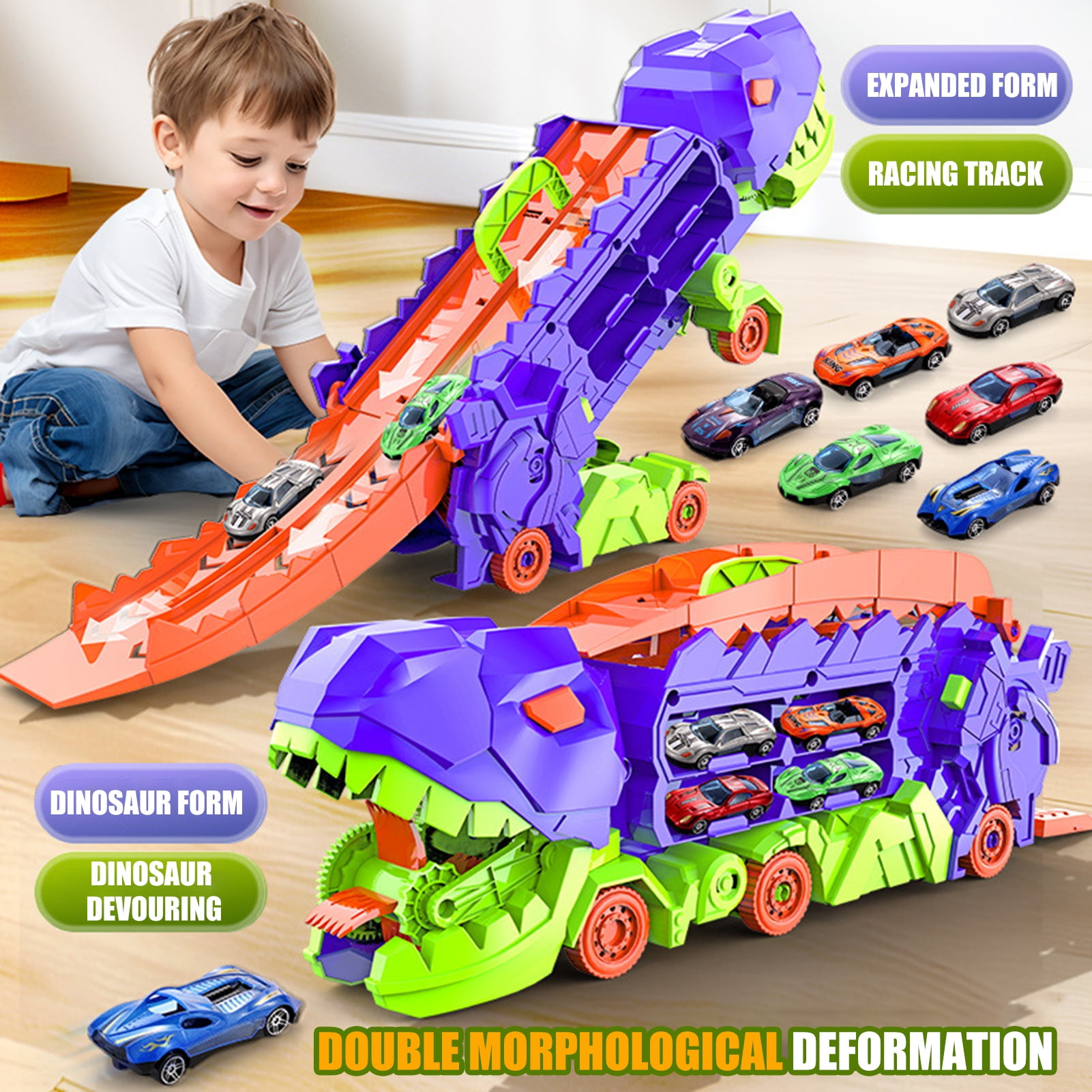 Guiexla 1 Set Dinosaur Swallow Truck Toy with Small Alloy Car Foldable ...