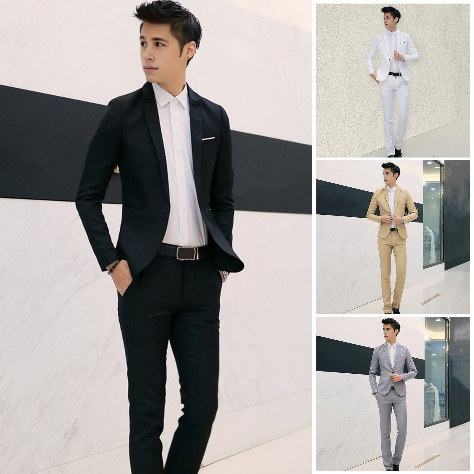 Guiexla 2Pcs/Set Men Suit Coat Pants Set Lapel Long Sleeve Single ...