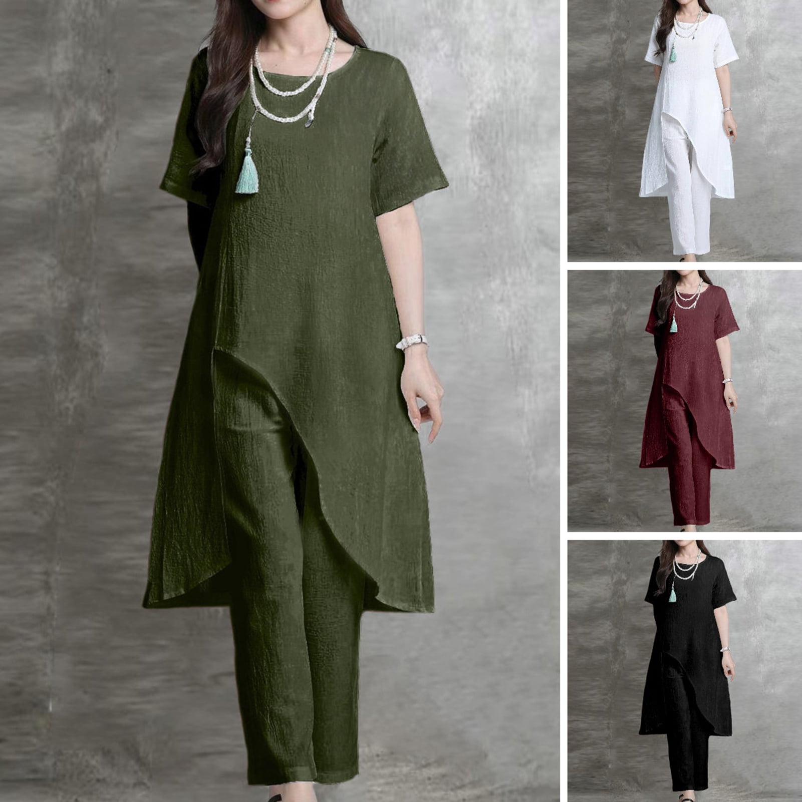 Guiexla 2Pcs/Set Women Top Pants Set Irregular Hem Round Neck Short ...