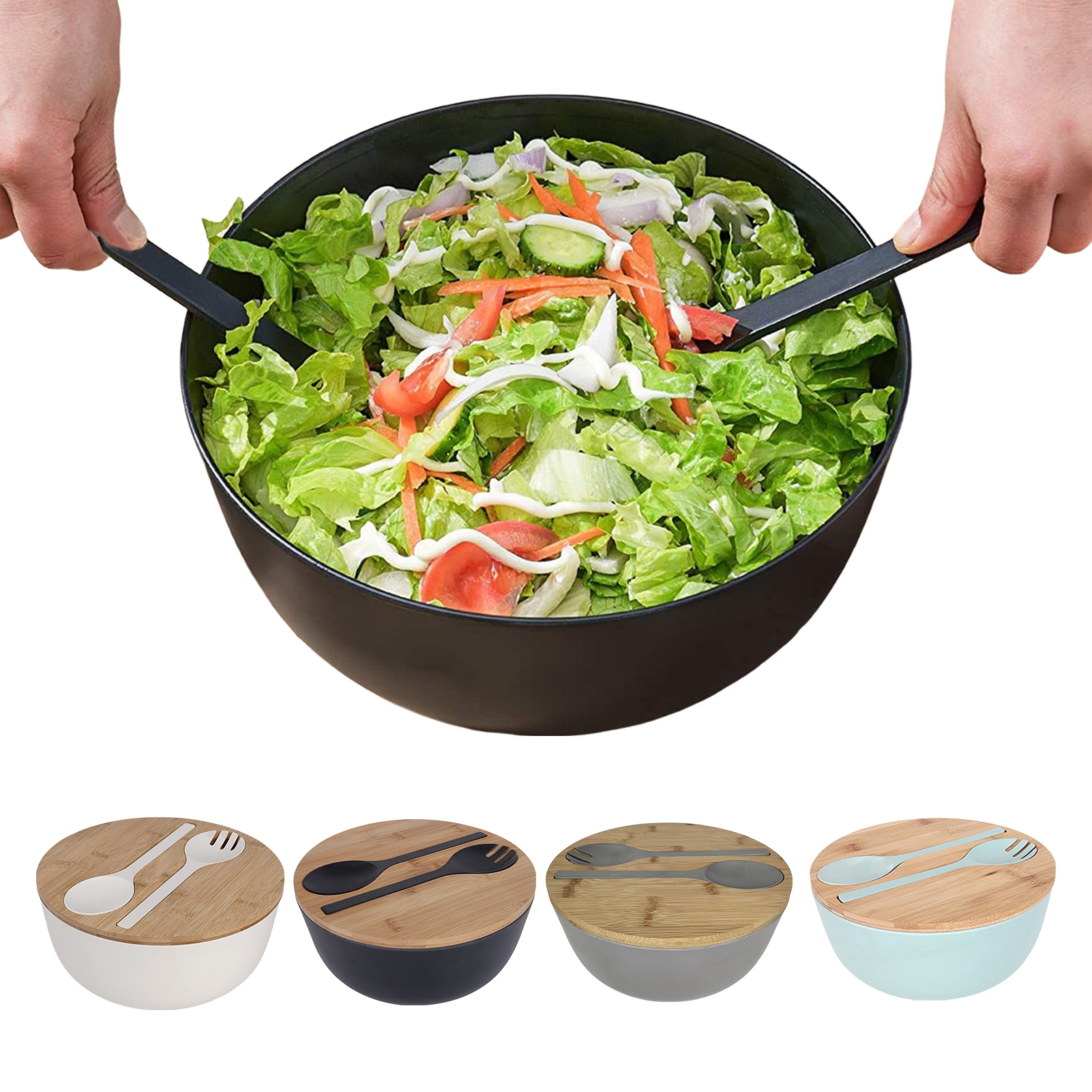 Guiexla 3340ml Salad Bowl with Lid Fork Spoon Eco-Friendly Large Bamboo ...