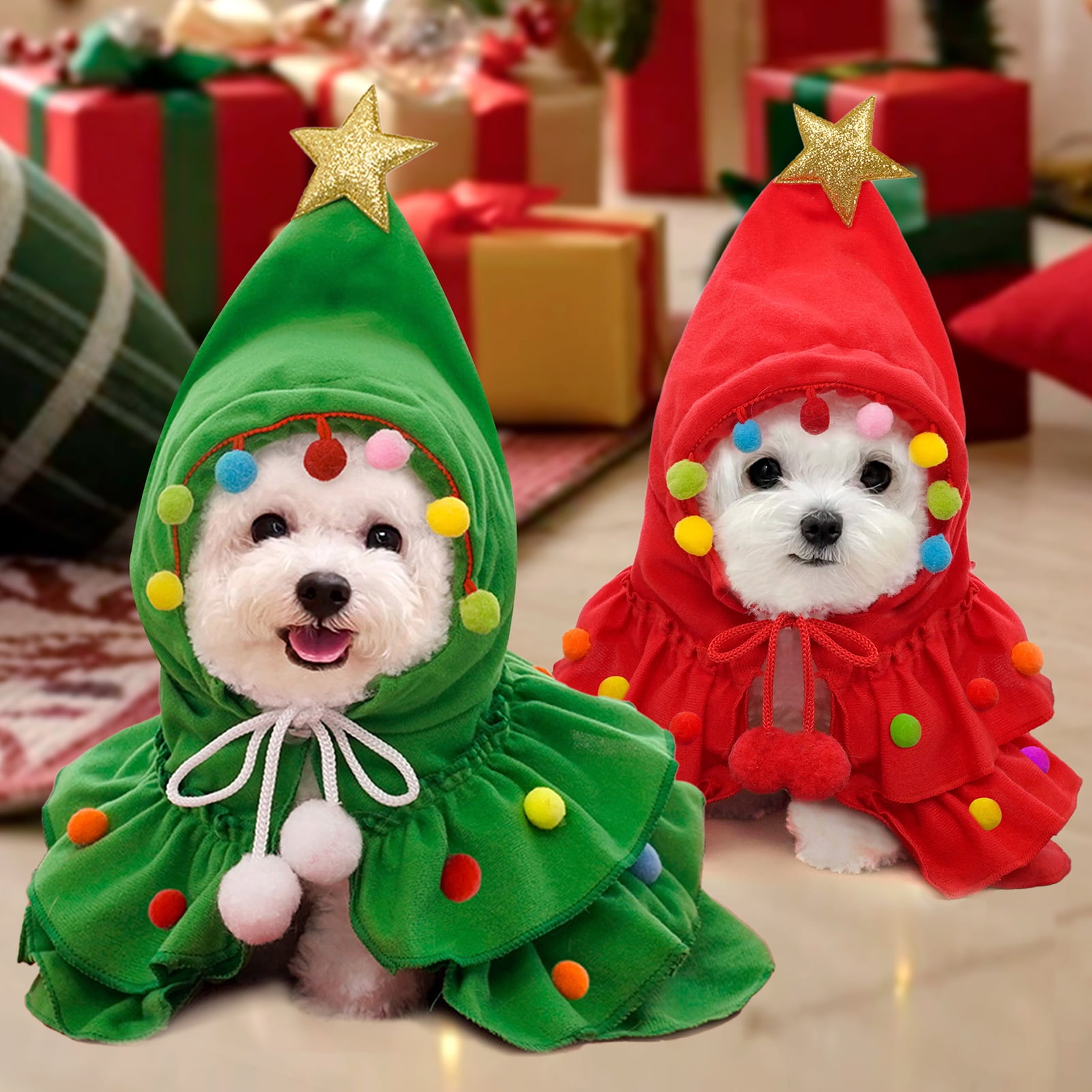 Guiexla Christmas Pet Outfit Red/Green Pet Cloak with Star And Pom Poms ...