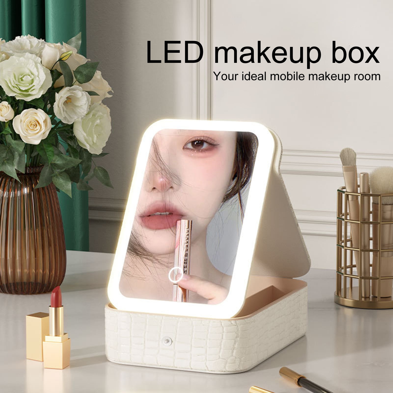 Guiexla Cosmetic Storage Box with LED Light Mirror Adjustable 3 Light ...