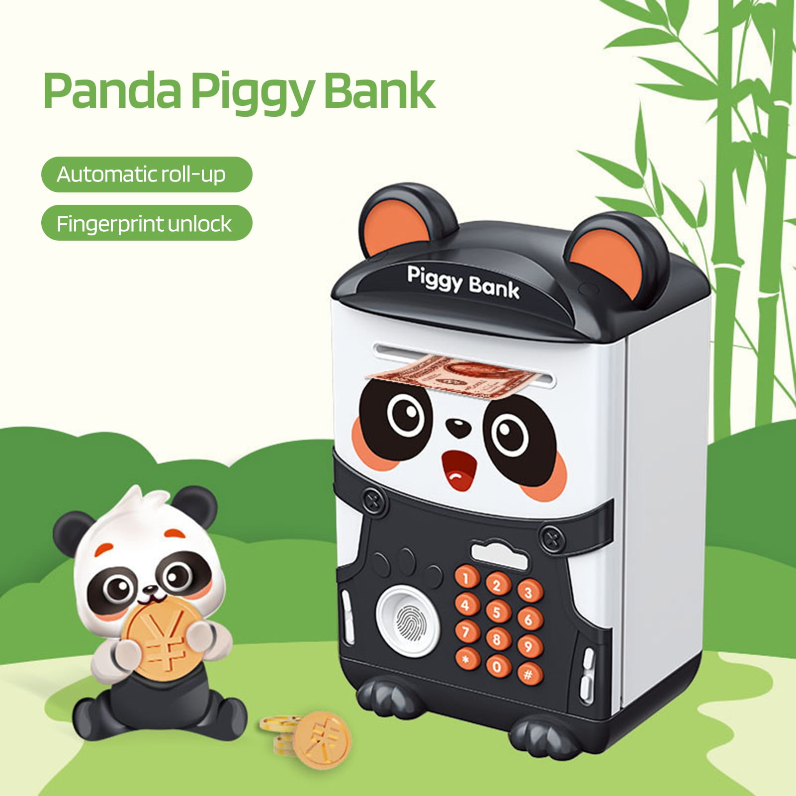 Guiexla Kids Panda Piggy Bank Auto-Roll Password Fingerprint Unlocking ...