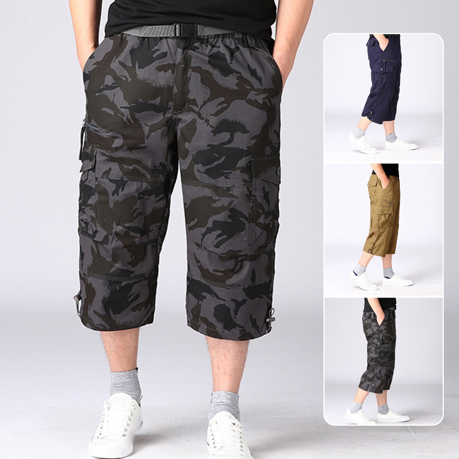 Guiexla Men Cropped Pants Multi Pockets Straight Loose Solid Color ...