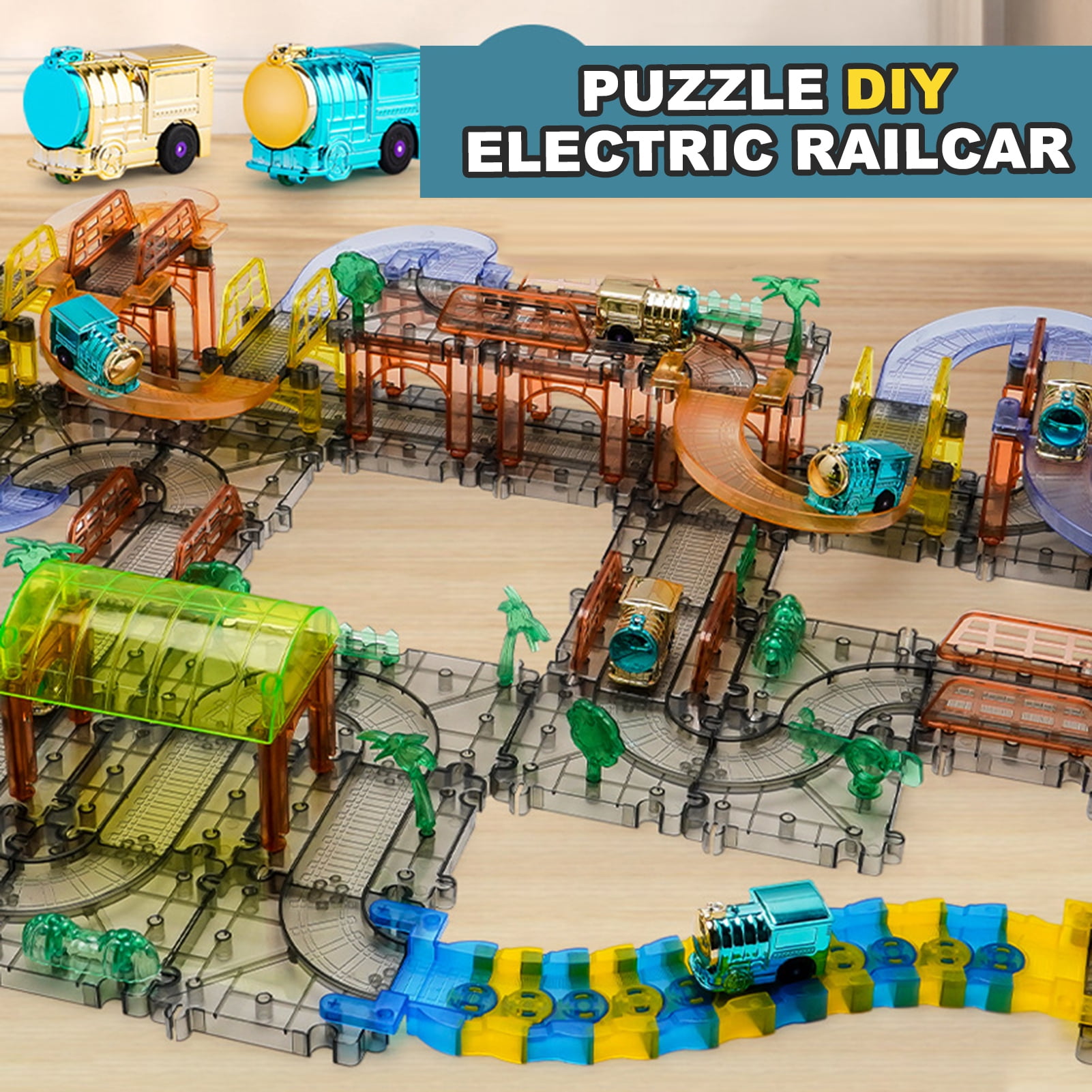 Guiexla Race Track Toys Electric Train Set with Tracks Scene Props DIY ...