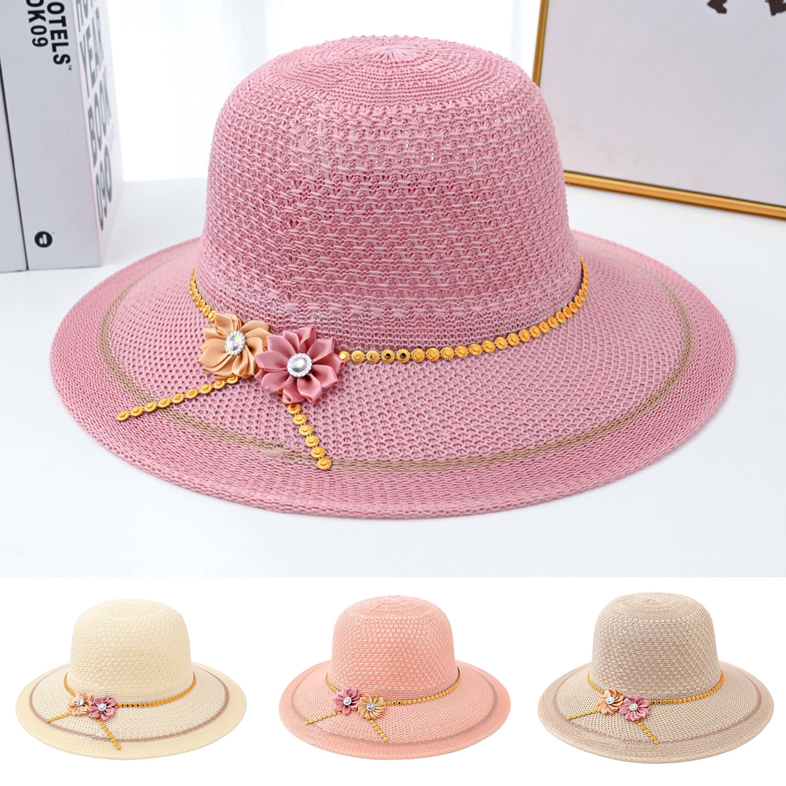 Guiexla Summer Lady Hat Large Brim Breathable Fake Flower Decor ...