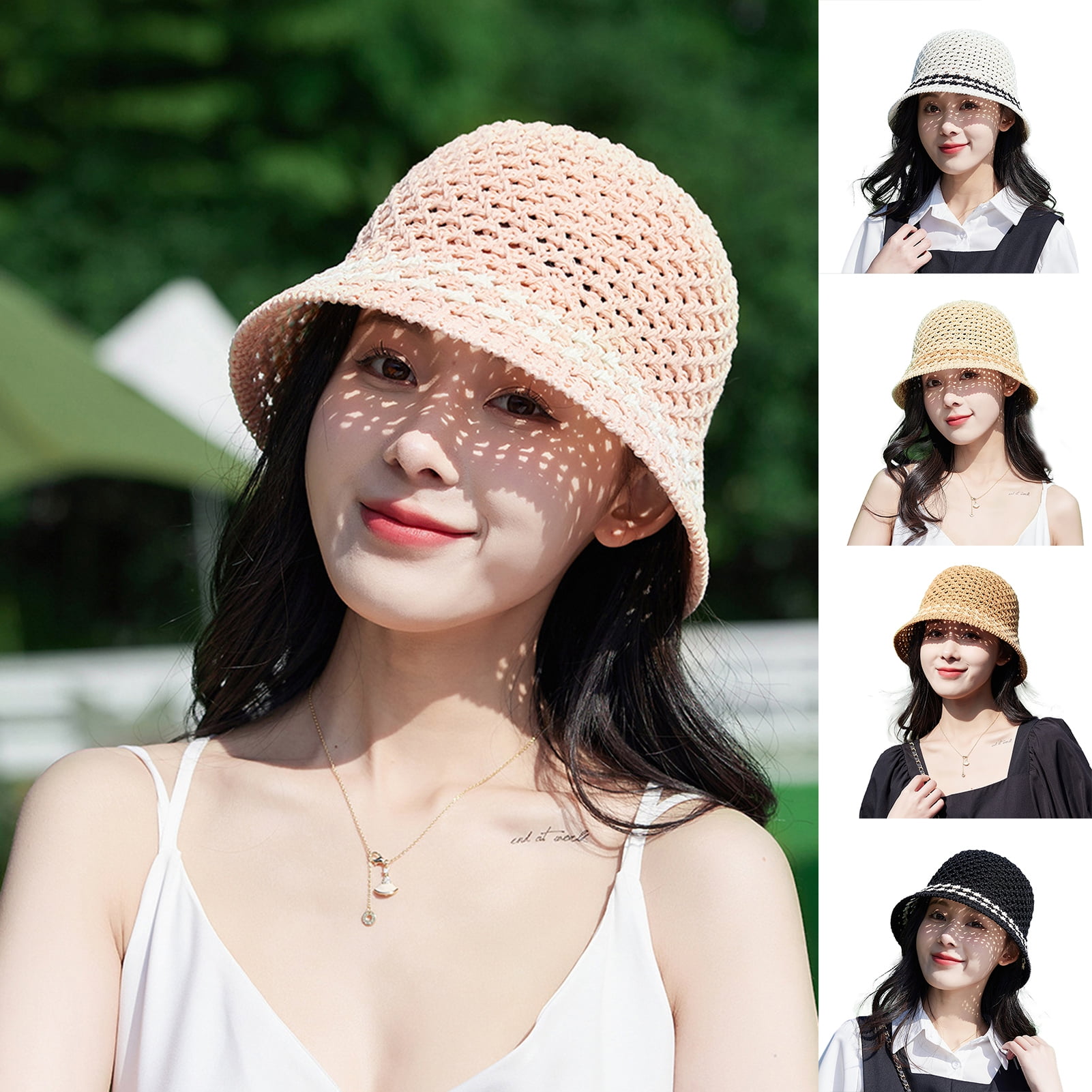 Guiexla Women Beach Hat Knitted Hollow Out Patchwork Stripes Crochet Floppy Top Summer Hats ...