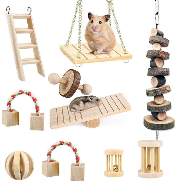 Guinea Pig Toys, 10 Pack Natural Wooden Hamster Chew Toy Set, Teeth ...