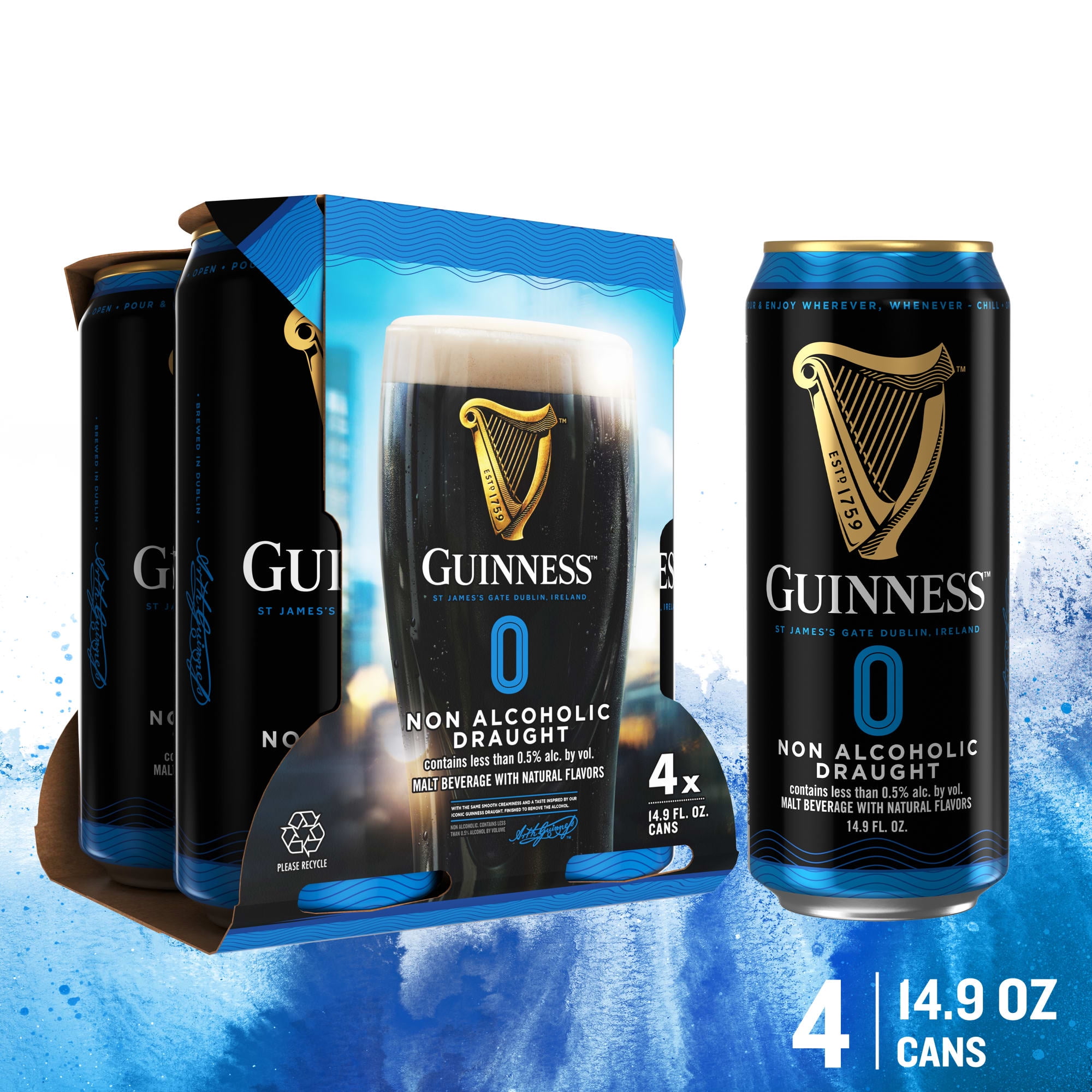 Guinness 0 Draught Stout Non-Alcoholic Import Beer, 14.9 fl oz, 4 Pack ...
