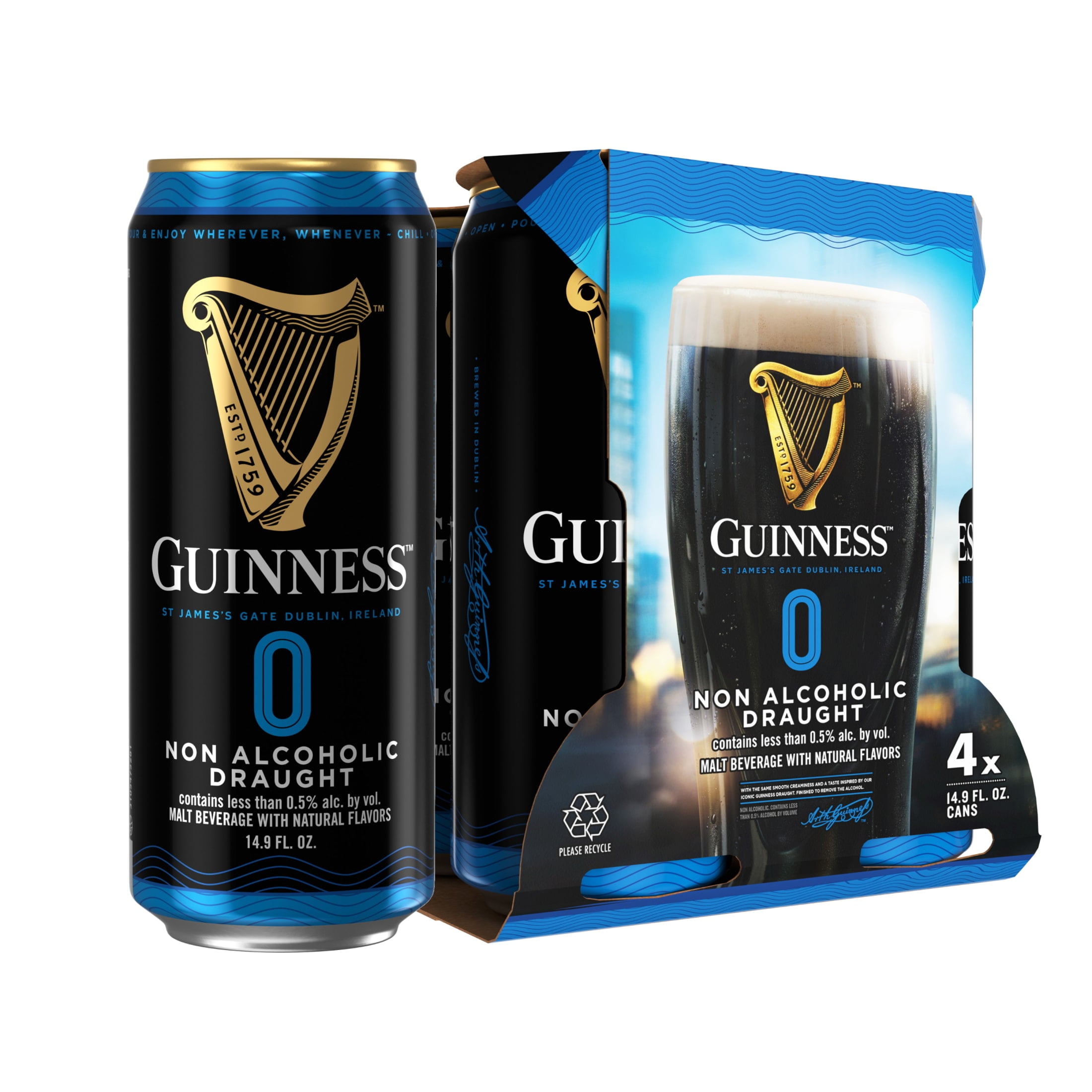 Guinness Non-Alcoholic Beer 14.9 fl oz 4 Pack Cans Brewed with Cold ...