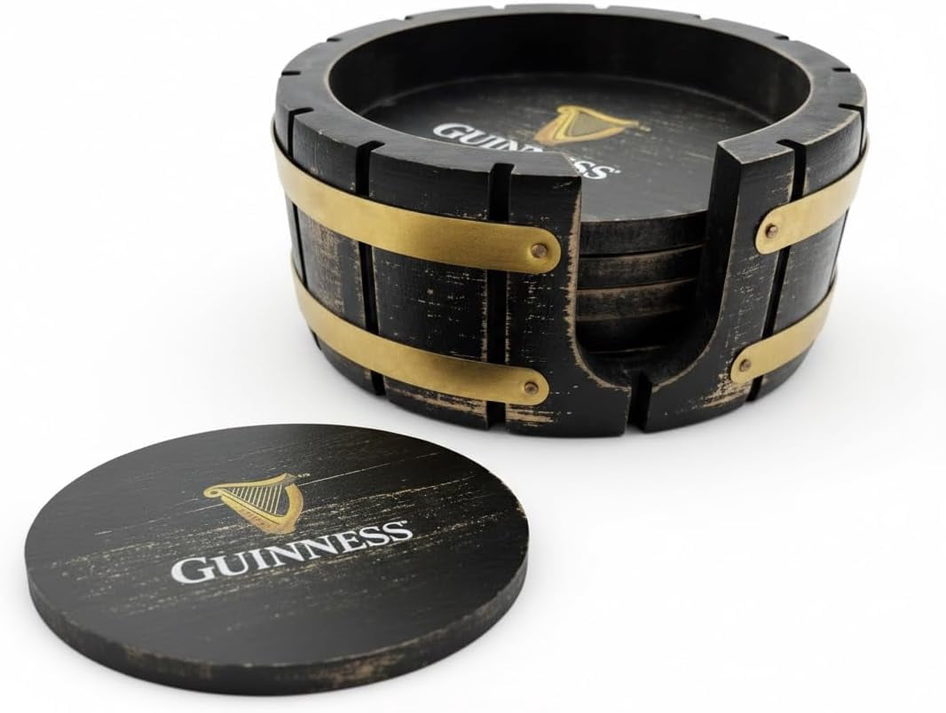 Guinness Beer Coaster Set with Holder - 6 Pack, Beer Barrel Wood ...