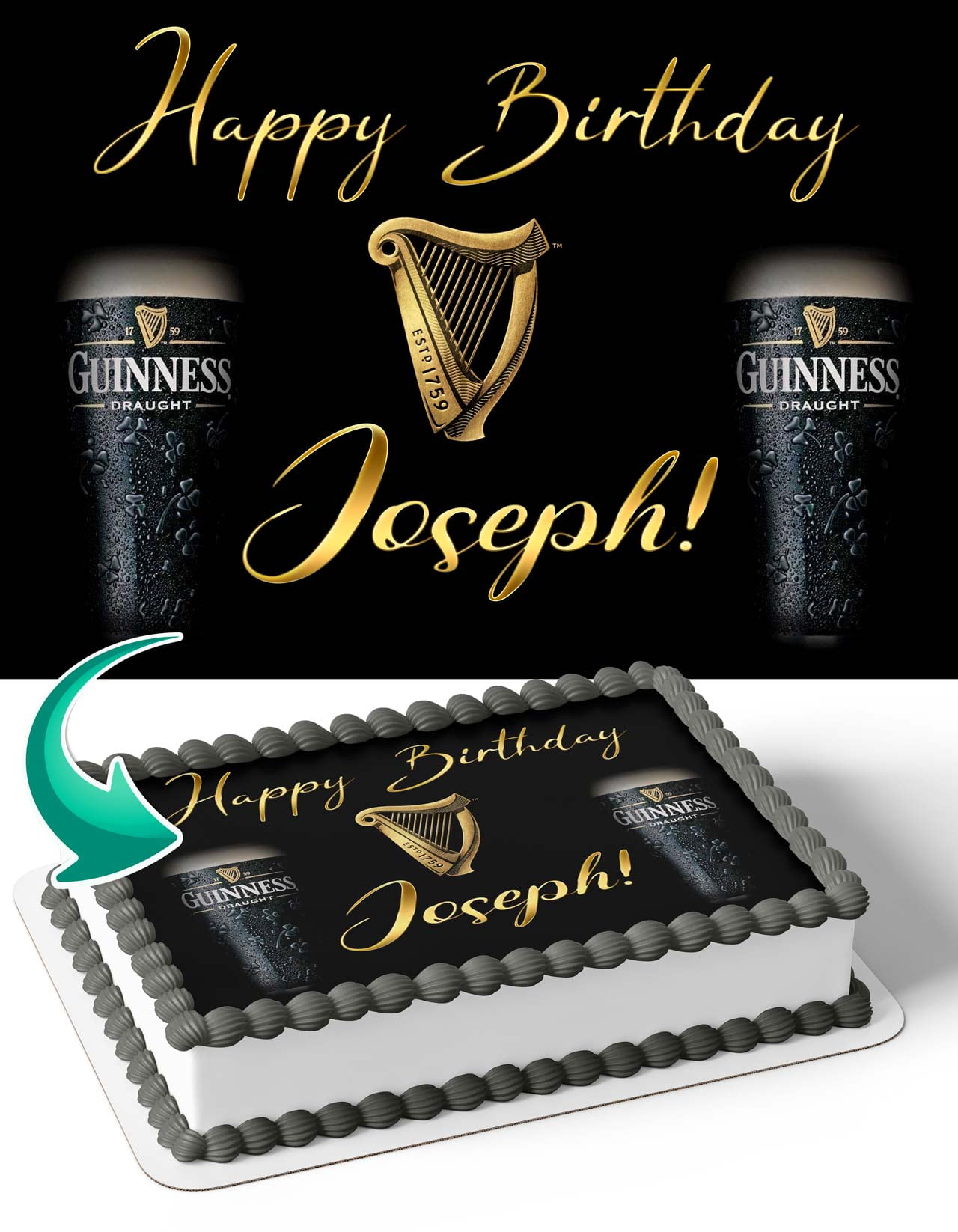 Guinness Beer Edible Image Cake Topper Personalized Birthday Sheet ...
